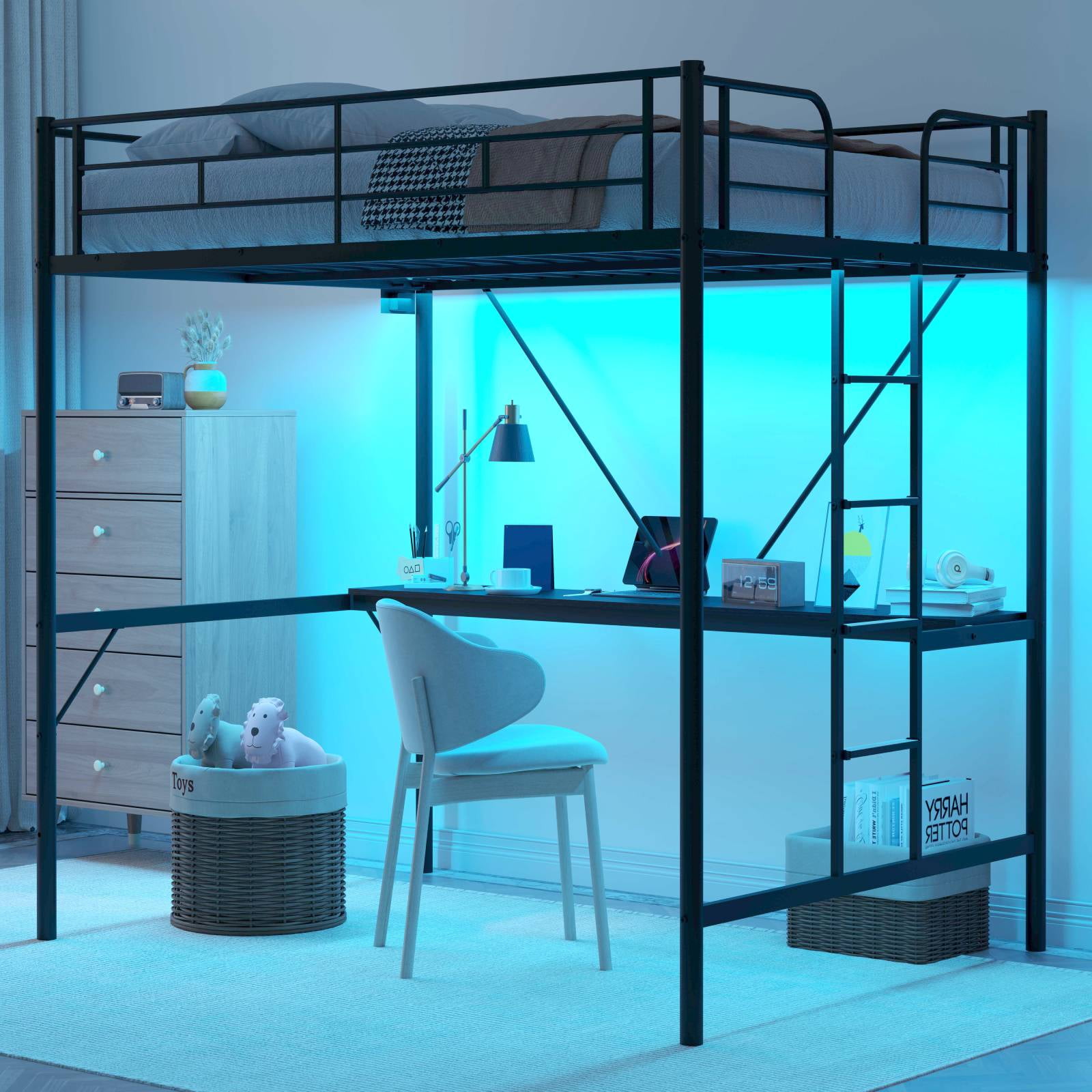 Zimtown Twin Loft Bed with Desk, Metal Bunk Bed Frame with LED Light ...