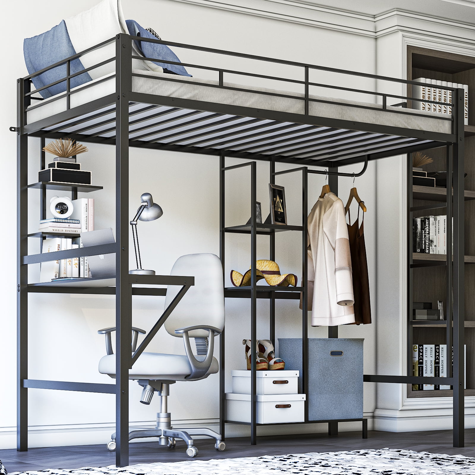 Zimtown Twin Loft Bed with Desk, Metal Bunk Bed, Stairs, 4 Storage ...