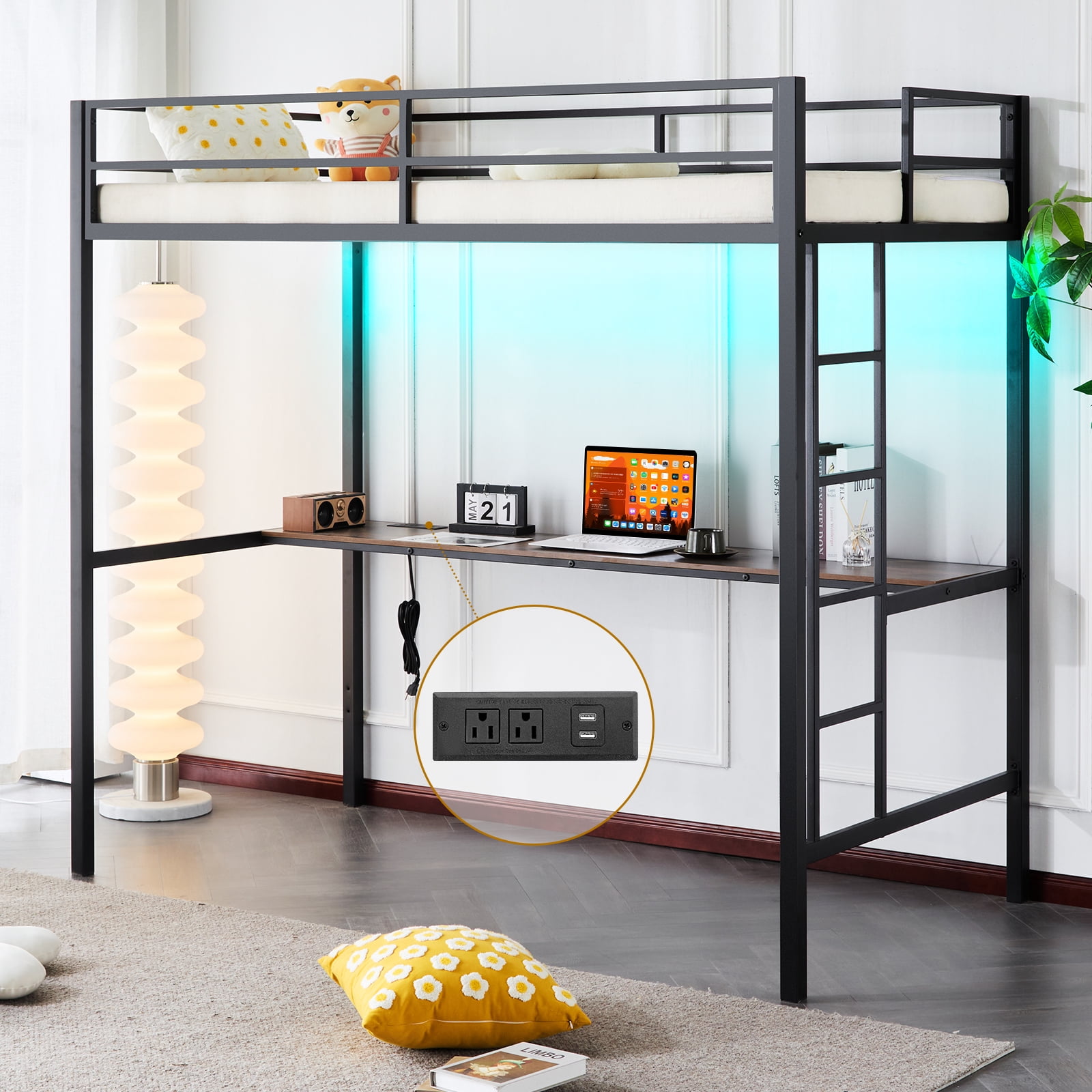 Zimtown Twin Metal Loft Bed Frame with LED Lights&Charging Station&Desk ...