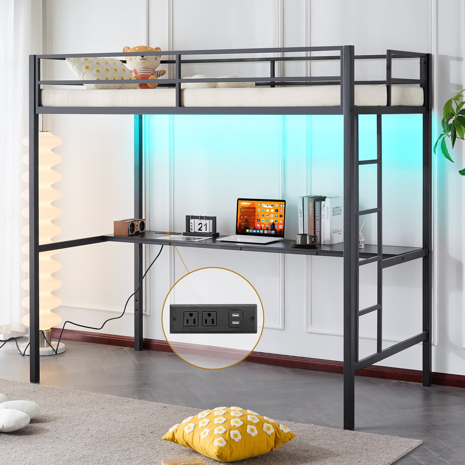 Twin Metal Loft Bed Frame with LED Lights&Charging Station&Desk,Bunk ...