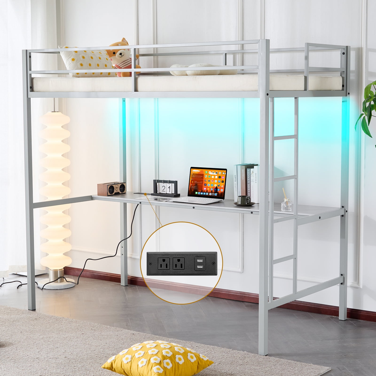 Zimtown Twin Metal Loft Bed Frame with LED Lights&Charging Station&Desk ...