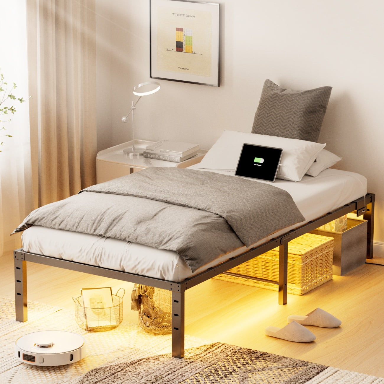Zimtown Twin Size Bed Frames with LED Light and Charging Station, 14 ...
