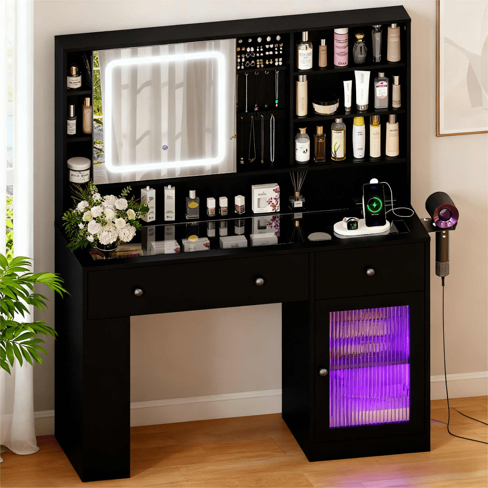 Zimtown Vanity Desk with Mirror & LED Lights, Glass Top Makeup Vanity ...