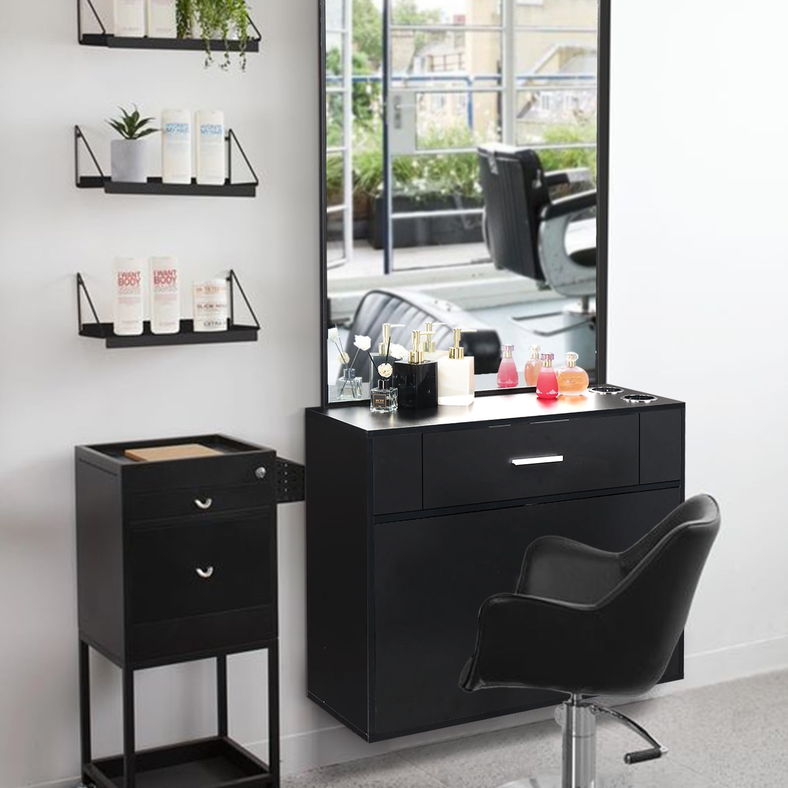 Zimtown Wall Mount Salon Station with Vanity Mirror, Hair Styling Tool ...