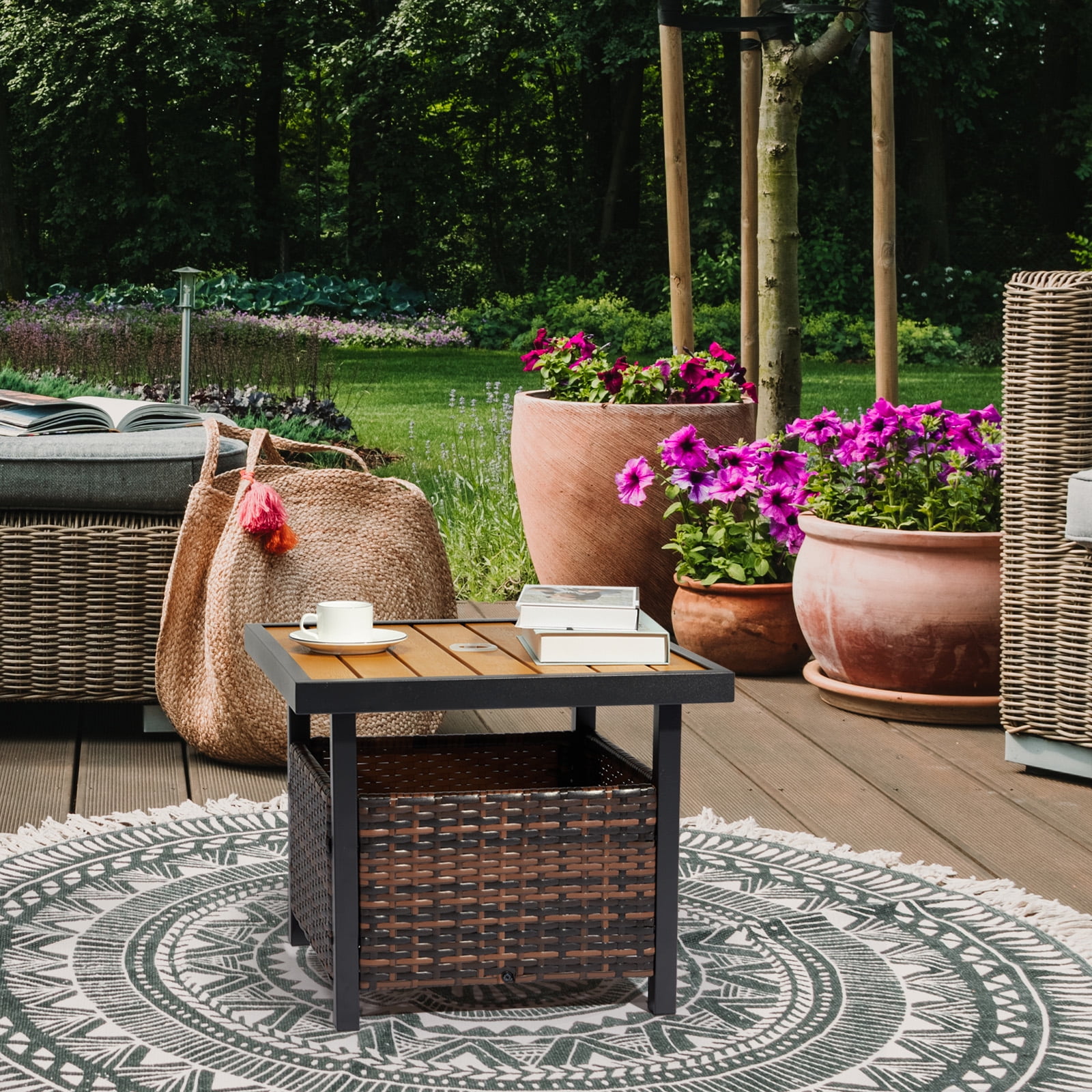 Zimtown Wood Coffee Table for Patio and Garden, Wicker Side Table for ...