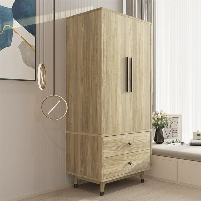 Zimtown Wood Double Door Closet Wardrobe, 2 Drawer Armoire Wardrobe ...