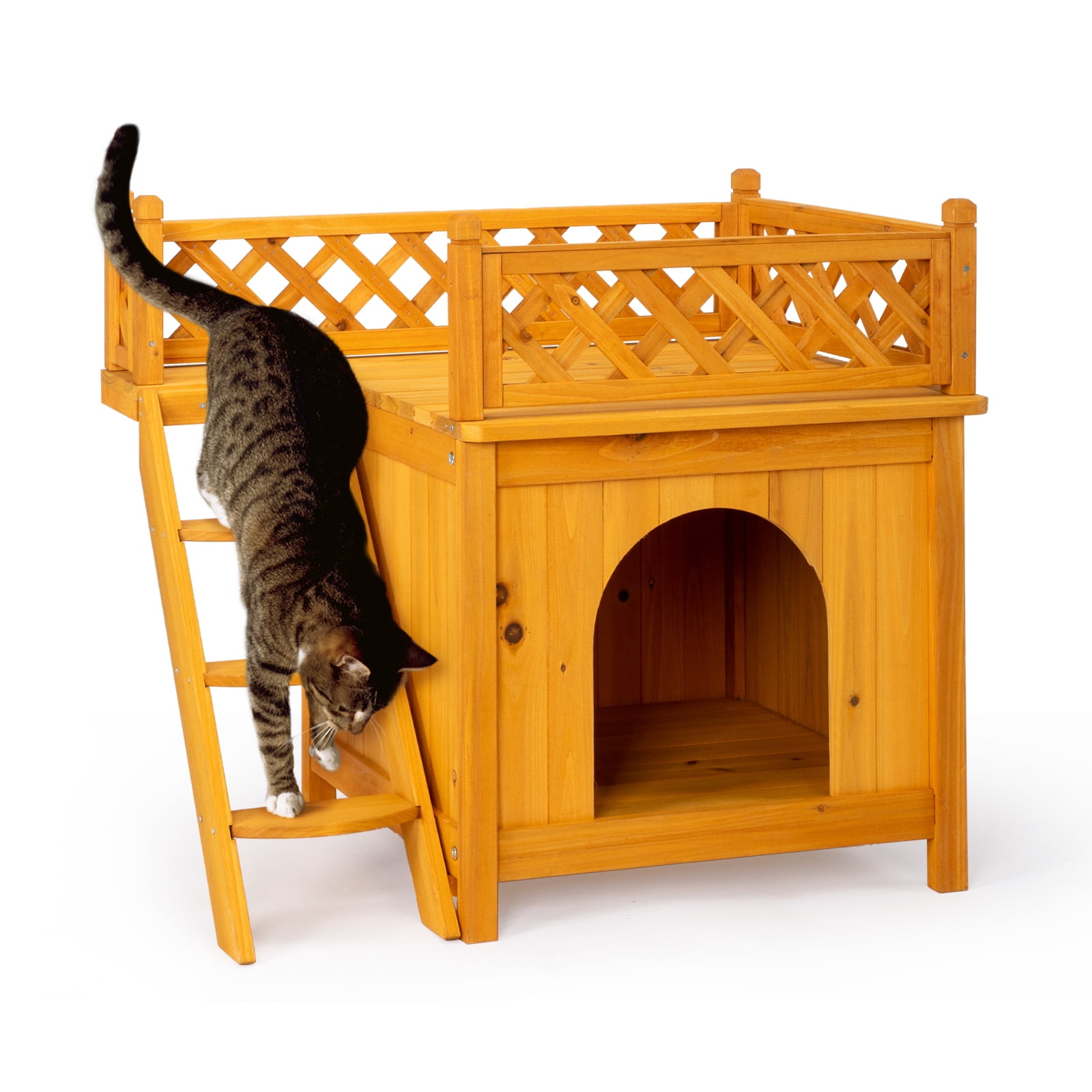 Zimtown Wooden Cat House Outdoor Cat Shelter with Porch,Cabin Style ...