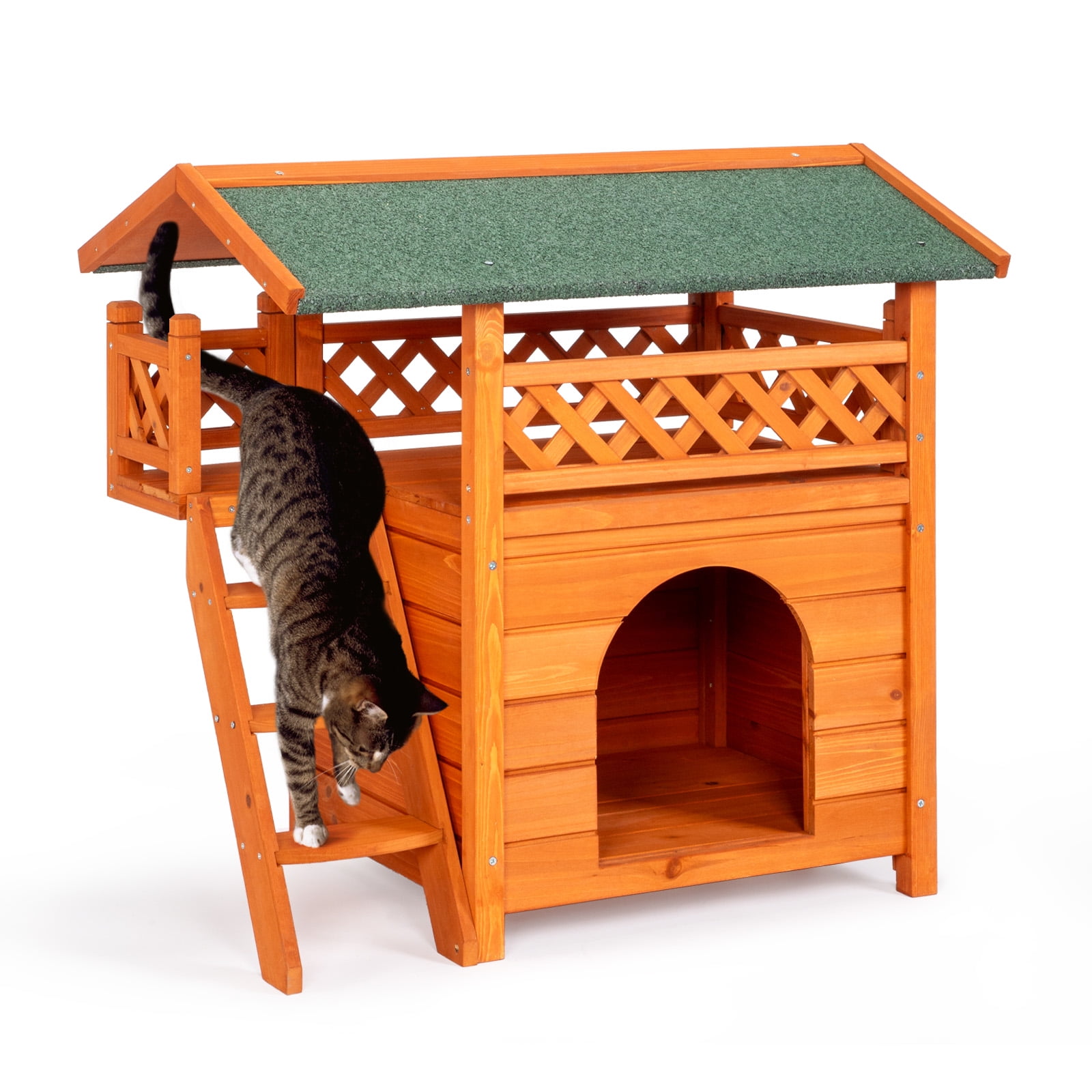 Zimtown Wooden Cat House Waterproof Cat Shelter with Porch,Cabin Style ...