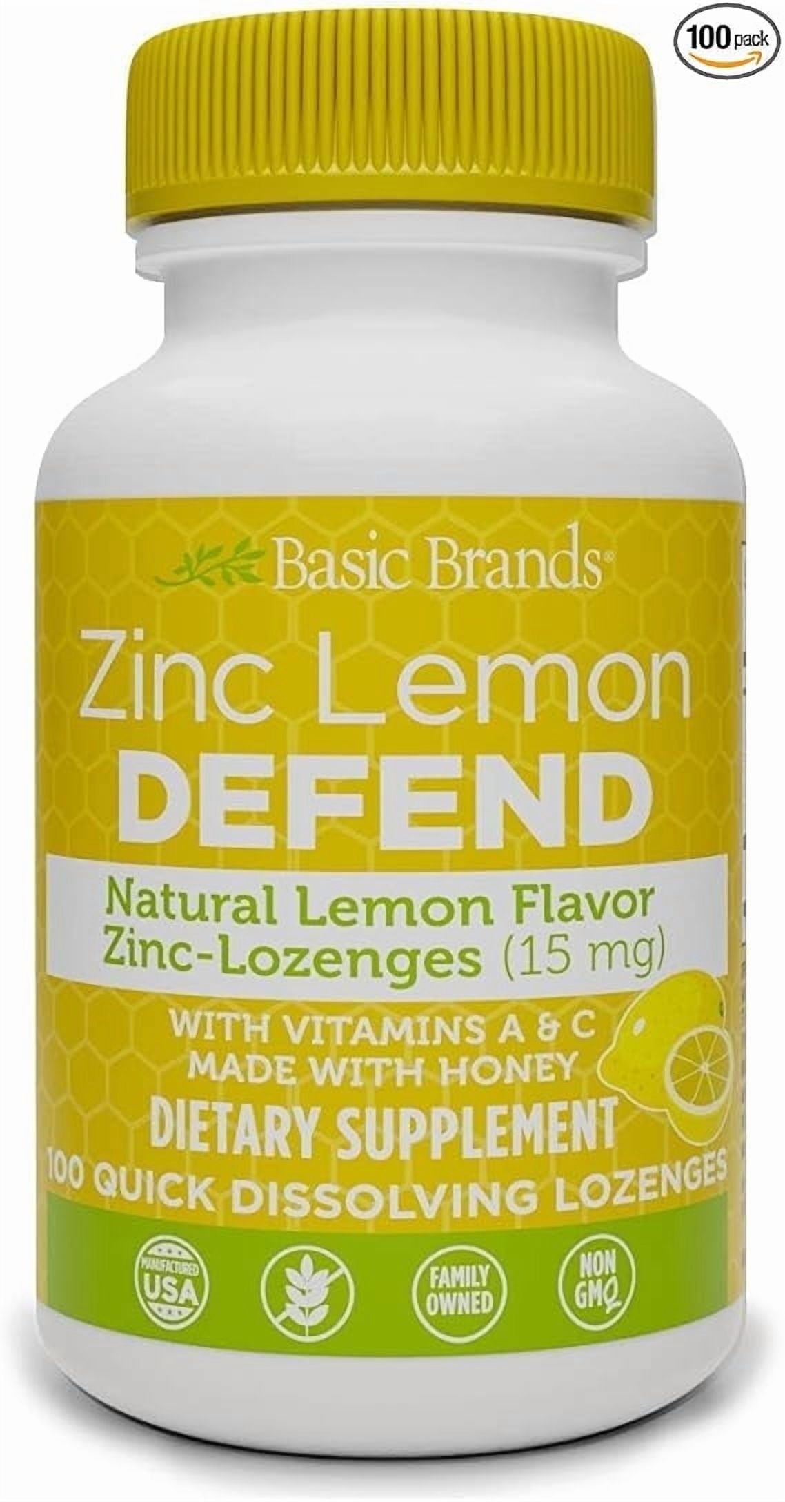 Basic Brands Lemon Flavor Zinc Lozenges for Immune Support, Cold Relief ...