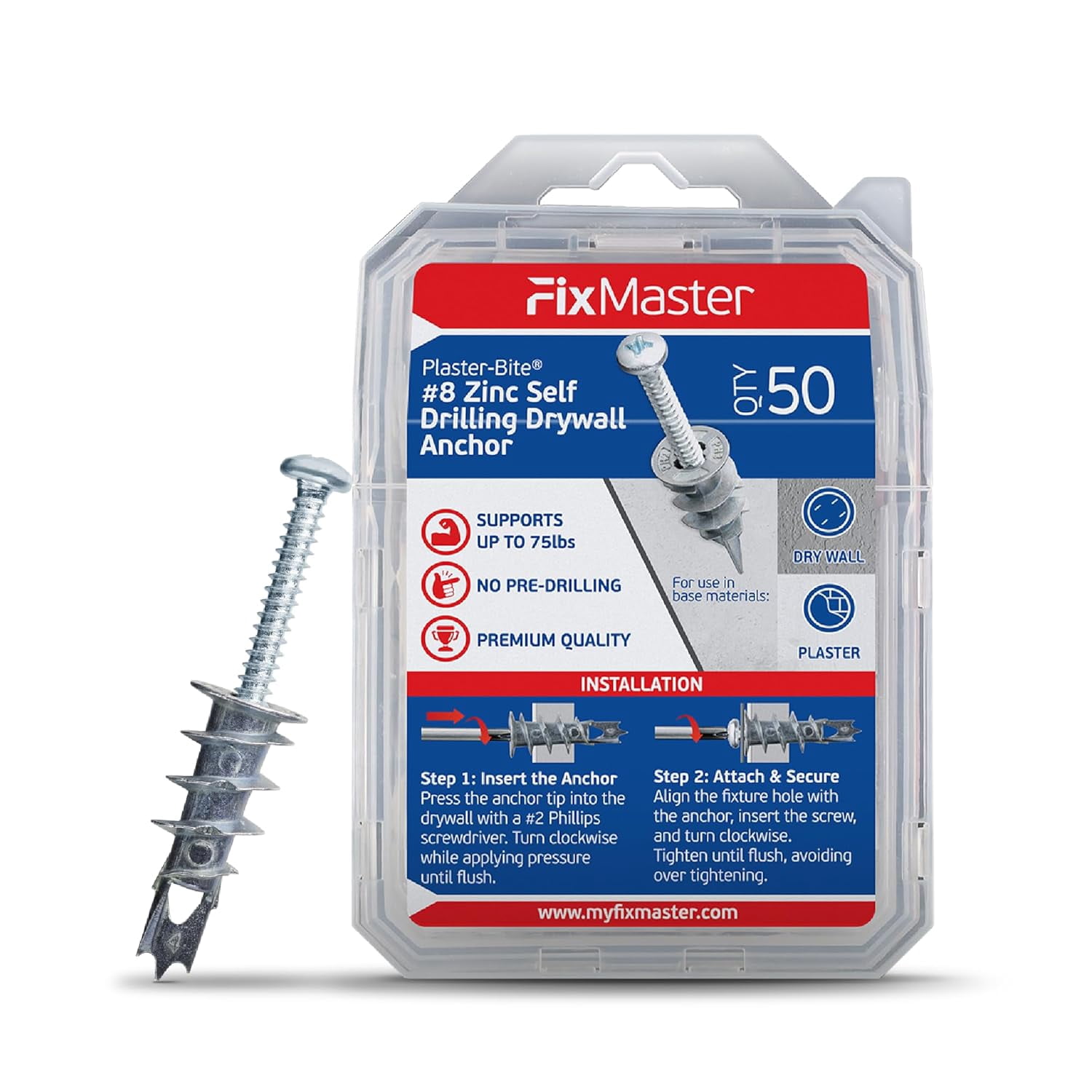 Zinc Plaster Bite Self-Drilling Drywall Anchors w/Screws (50 Anchors ...