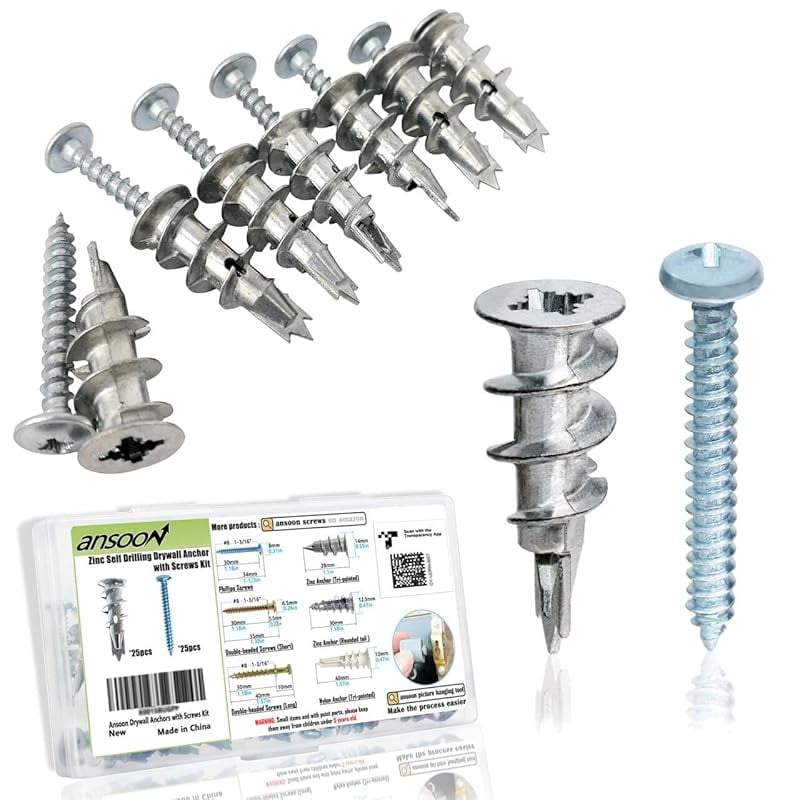 Zinc Self-Drilling Drywall Anchors with Screws Kit, 25 Heavy Duty Metal ...