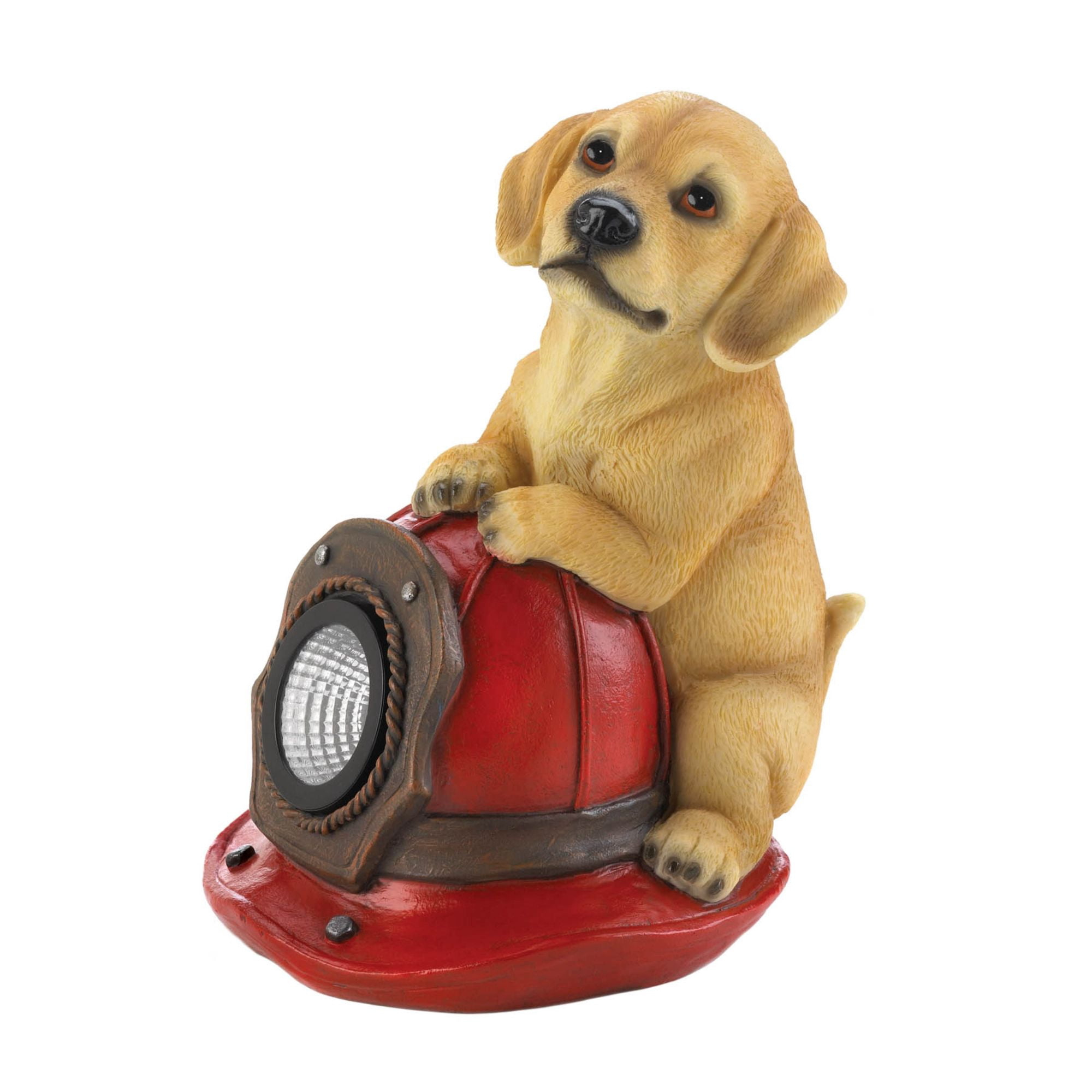 Zingz & Thingz Plastic Dog and Fire Helmet Solar Statue in Tan and Red ...