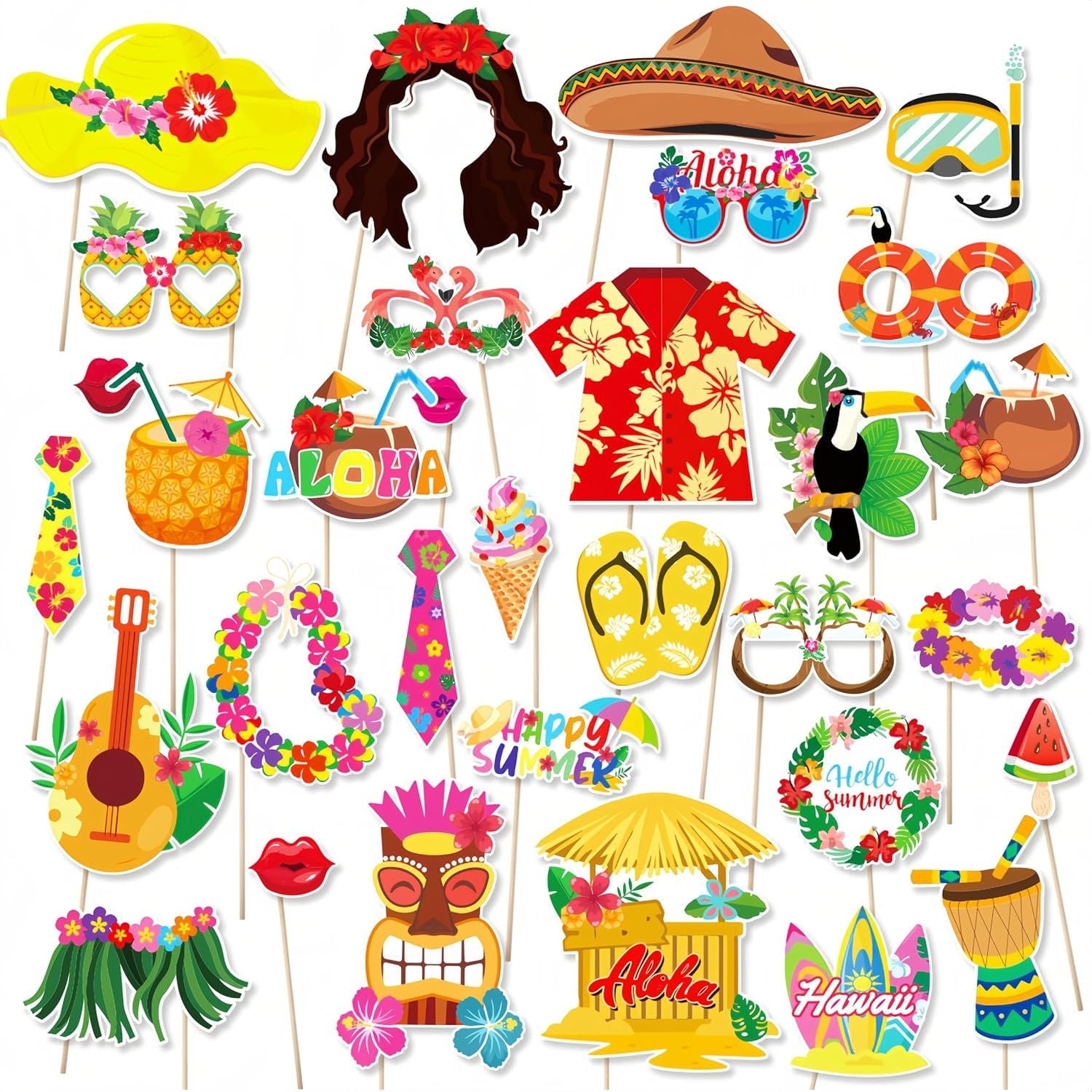 Zink Luau Party Photo Booth Props with Sticks and Tapes, 30-Piece ...