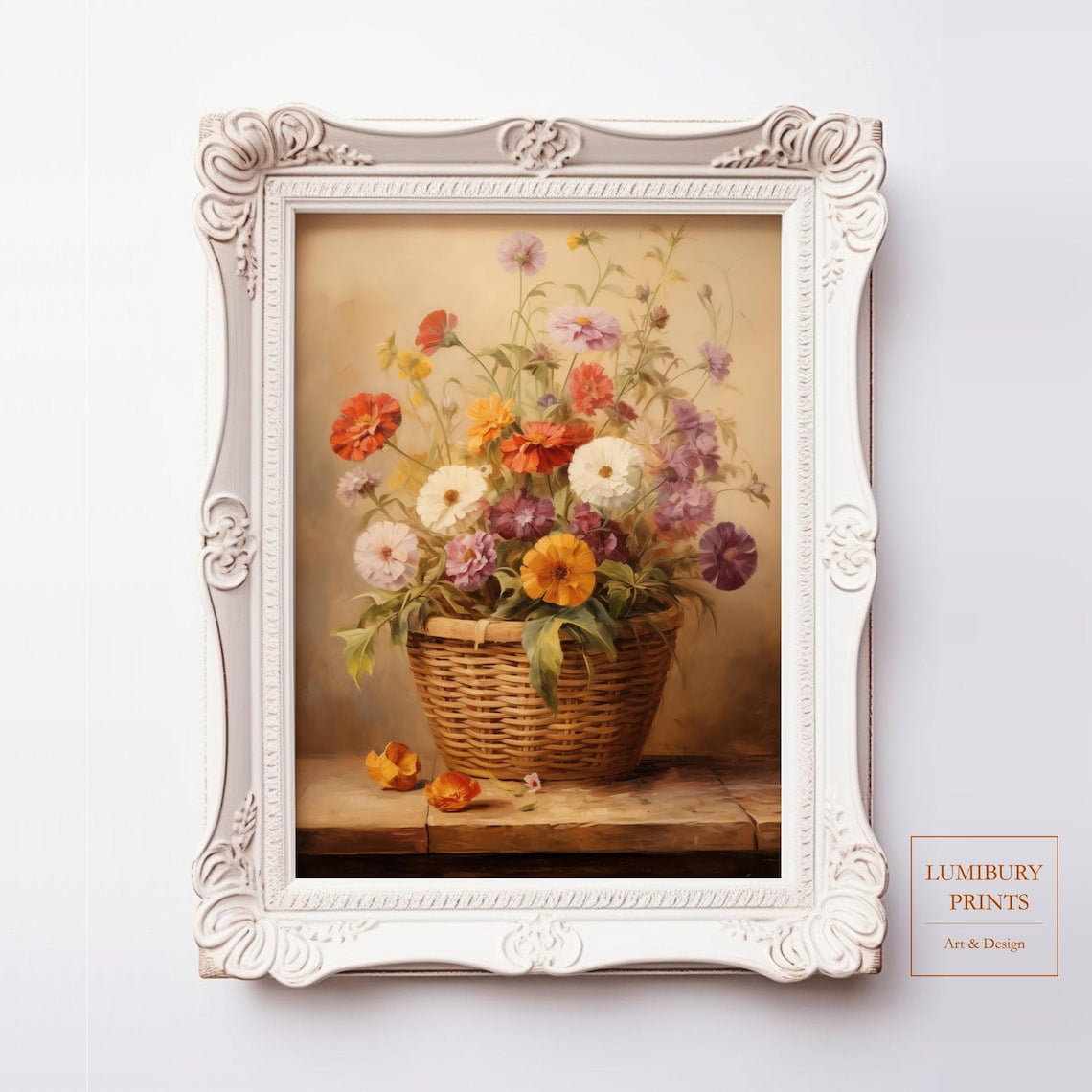 Zinnia Floral Print, Vintage Floral Basket Wall Decor, Botanical Summer ...