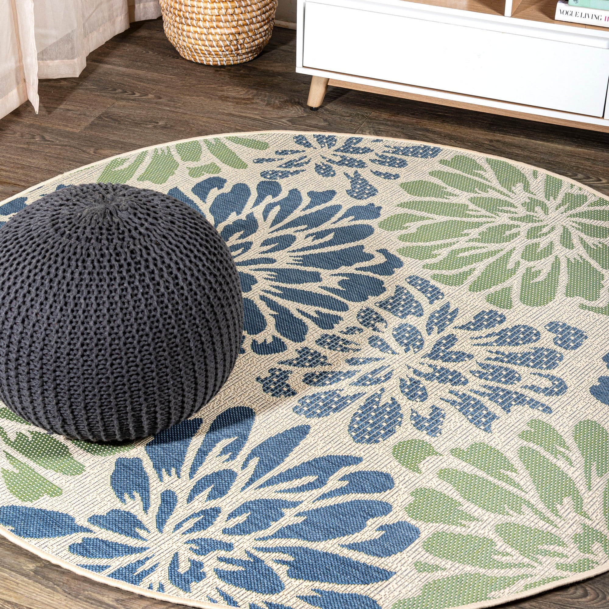 Zinnia Modern Floral Textured Weave Navy/Green 9' Round Indoor/Outdoor ...