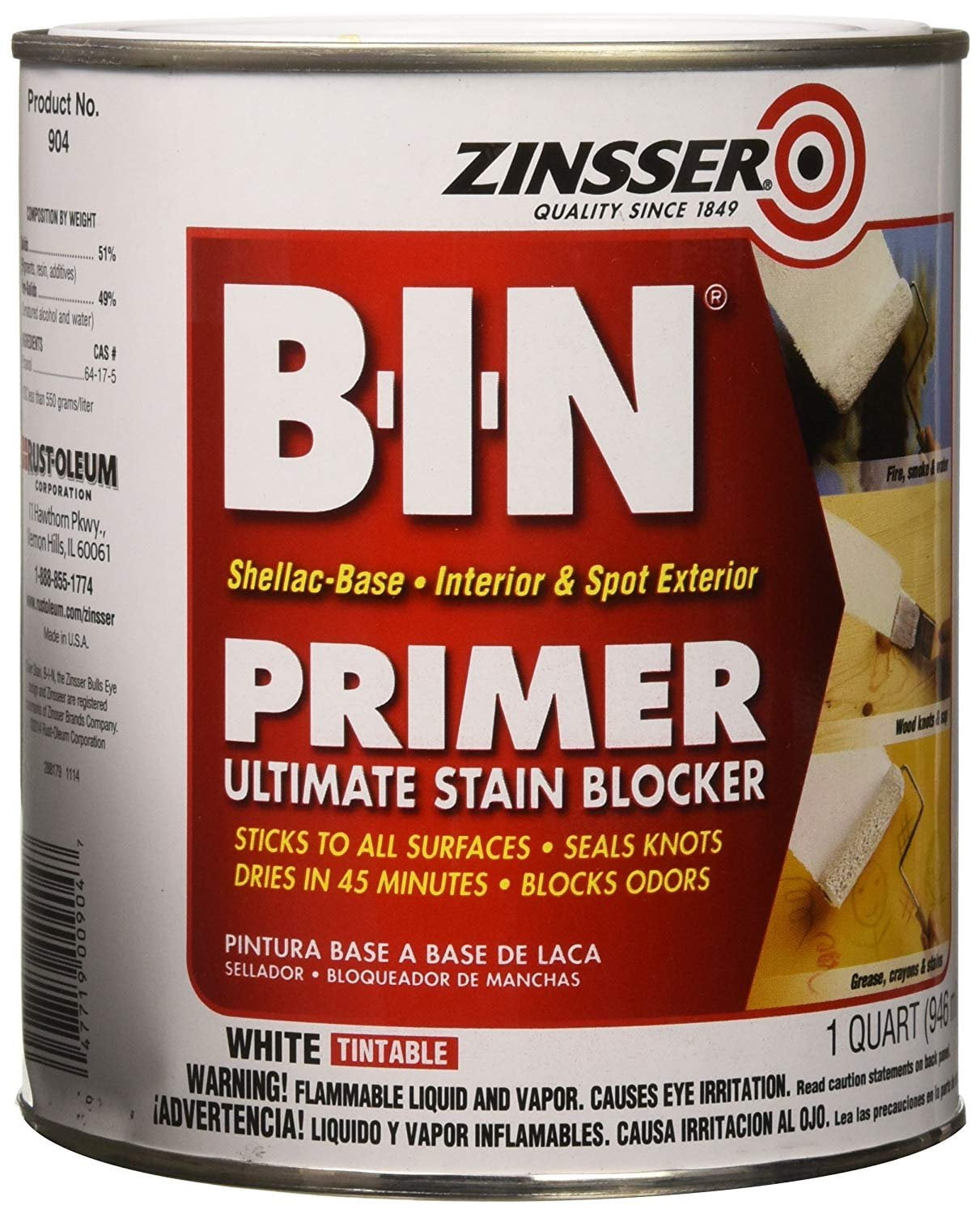 Zinsser 00904 B-I-N Pigmented Shellac Primer-Sealer & Stain Killer, White, 1 Quart - Walmart.com
