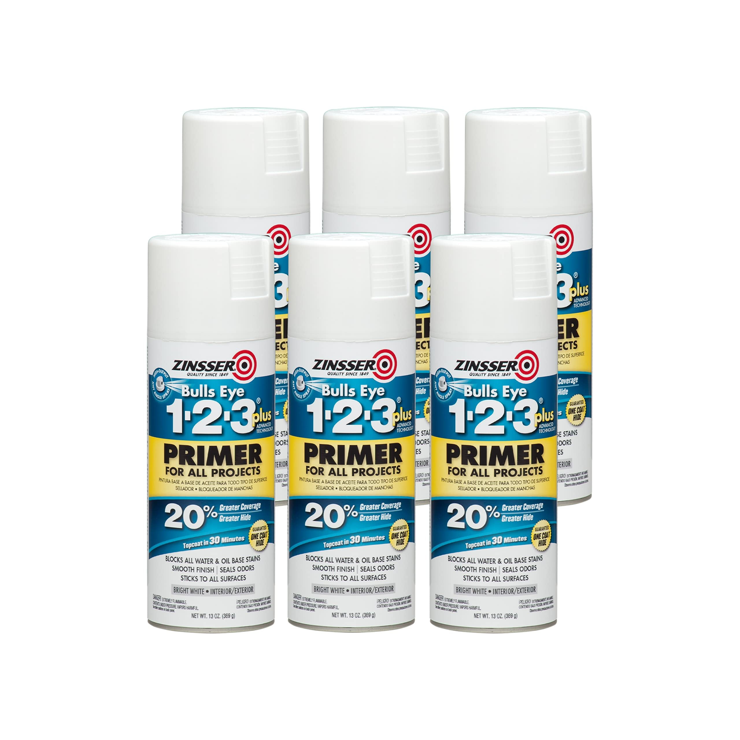 Zinsser 272479-6PK Bulls Eye 1-2-3 Plus Spray Primer, 13 oz, White, 6 ...
