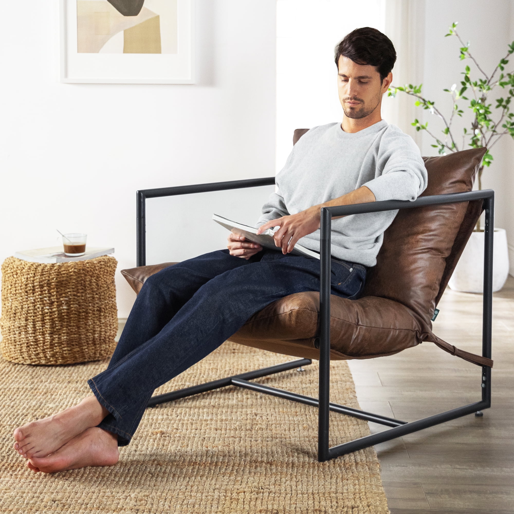 Zinus Aidan Faux Leather Sling Indoor Accent Chair, Cocoa Brown ...