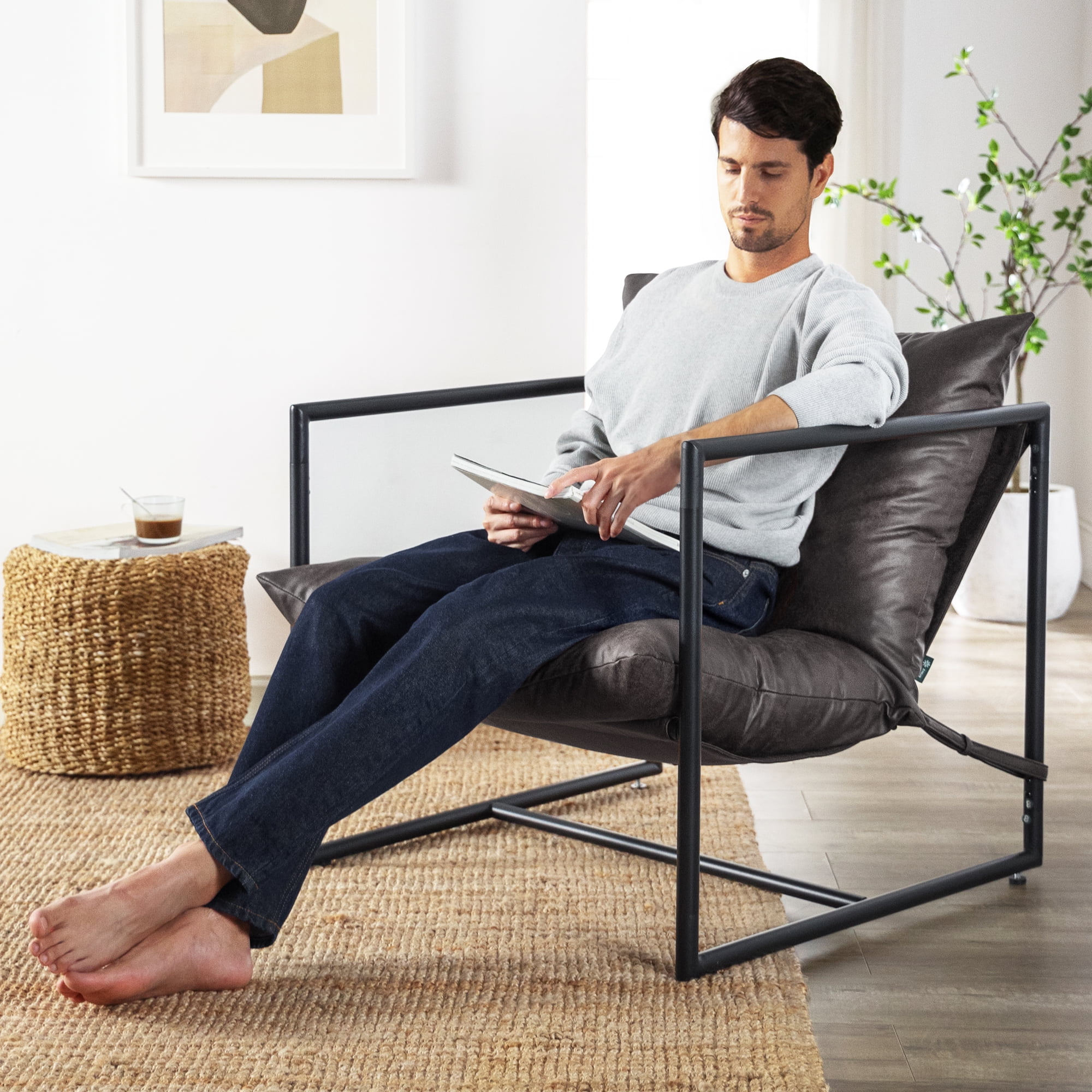 Zinus Aidan Faux Leather Sling Indoor Accent Chair, Slate Grey ...