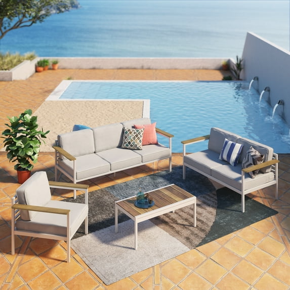 Zinus Pablo Aluminum and Acacia Wood Outdoor Armchair with Cushions and ...