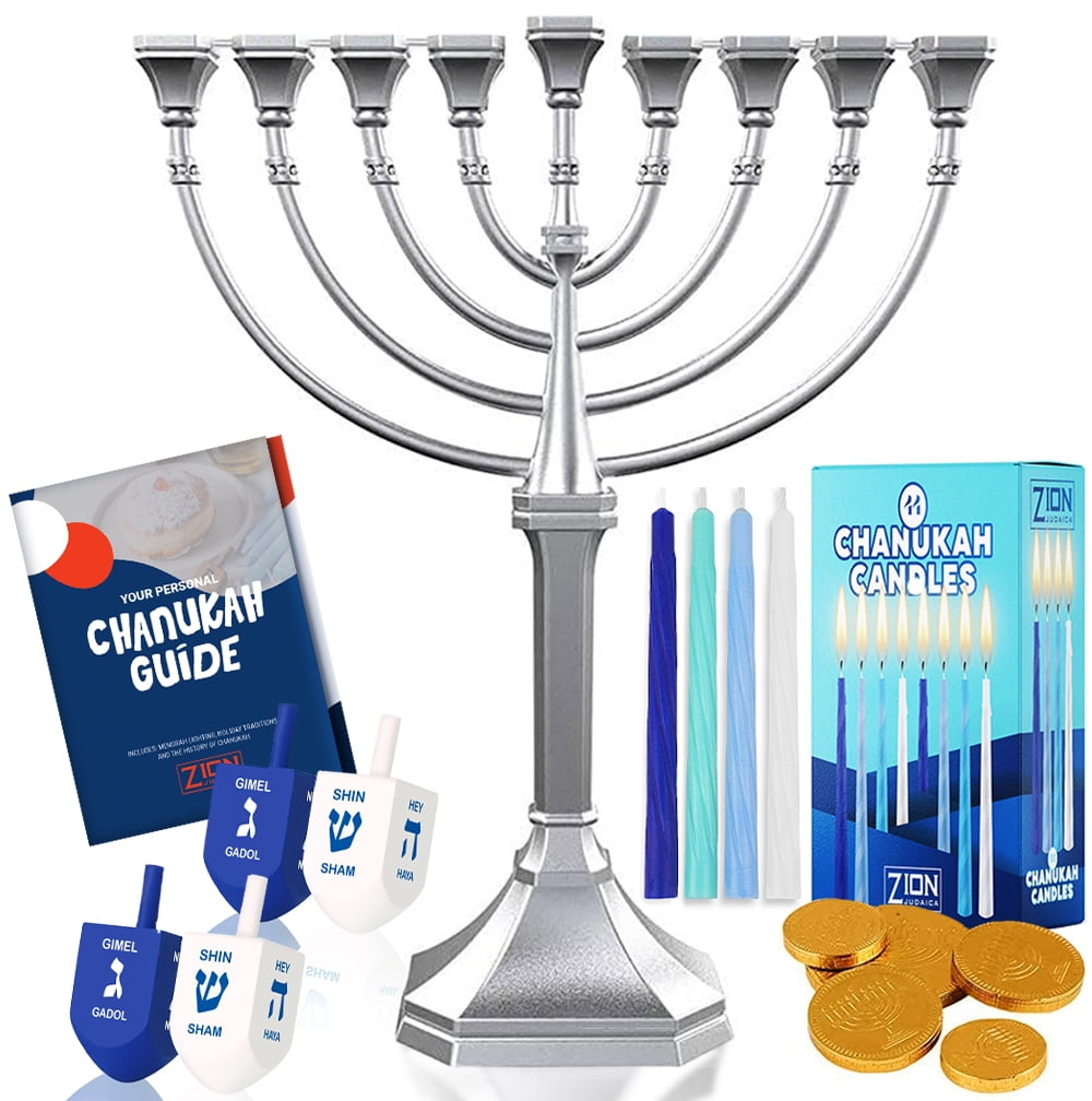 Zion Judaica Hanukkah Menorah Kit with Candles, Dreidels, Chanukah ...