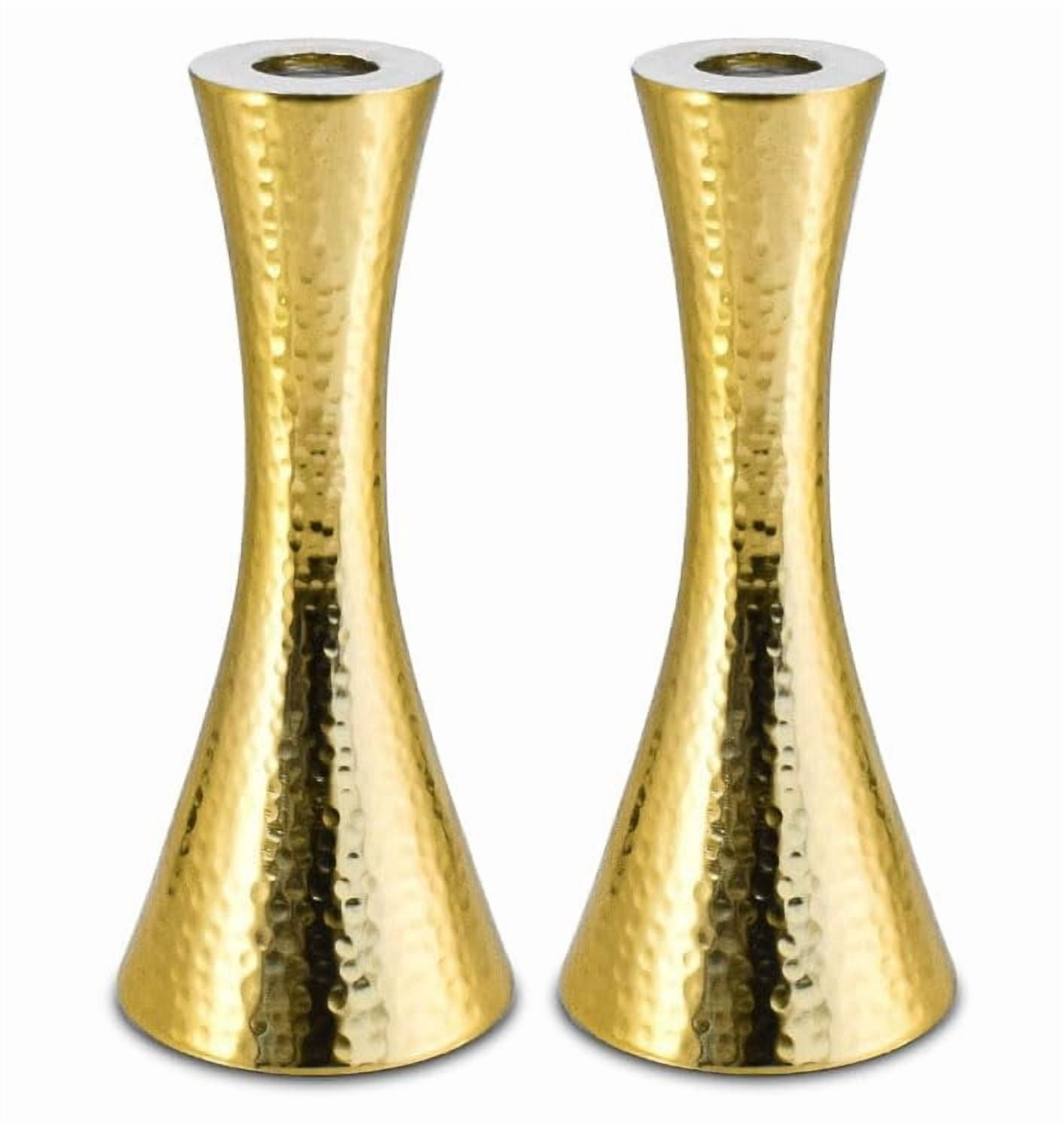Zion Judaica Shabbos Candle Holder Set of 2 Modern Gold Hammered Metal ...