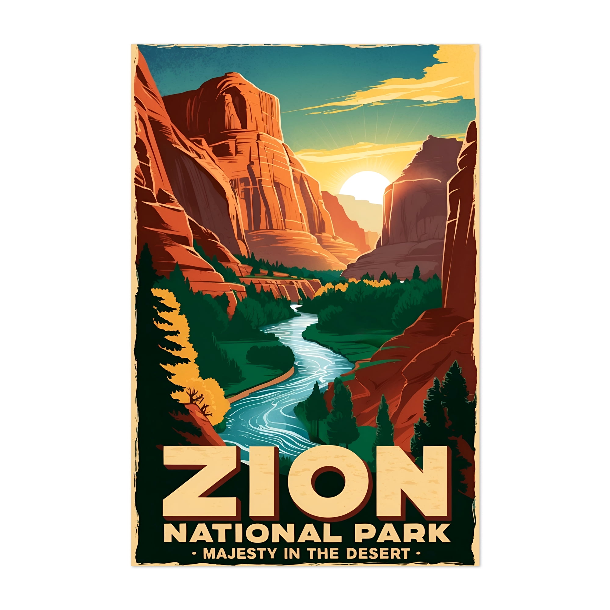 Zion National Park Poster: A Vintage Canyon Scene - Utah Illustration ...