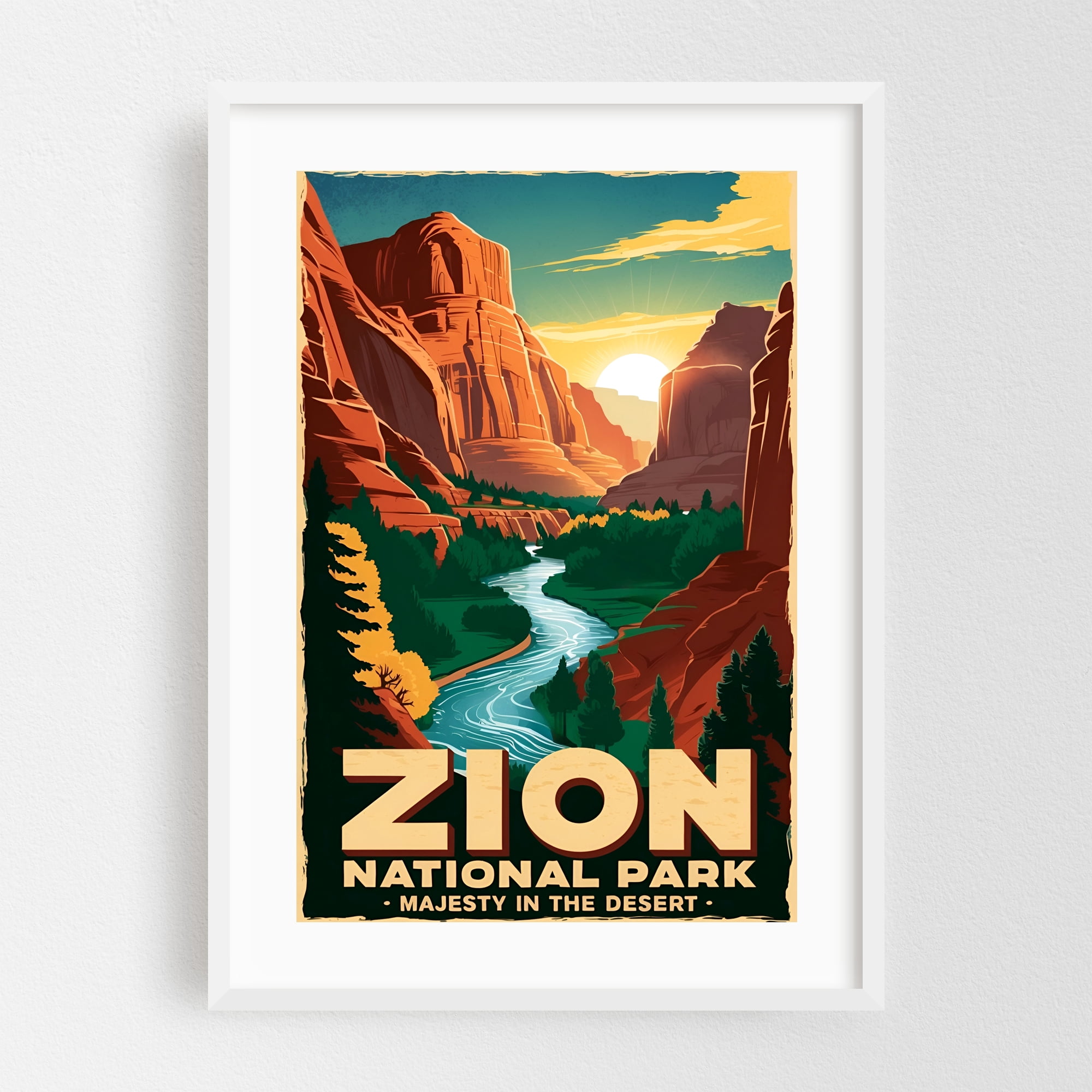 Zion National Park Poster: A Vintage Canyon Scene - Utah Illustration ...