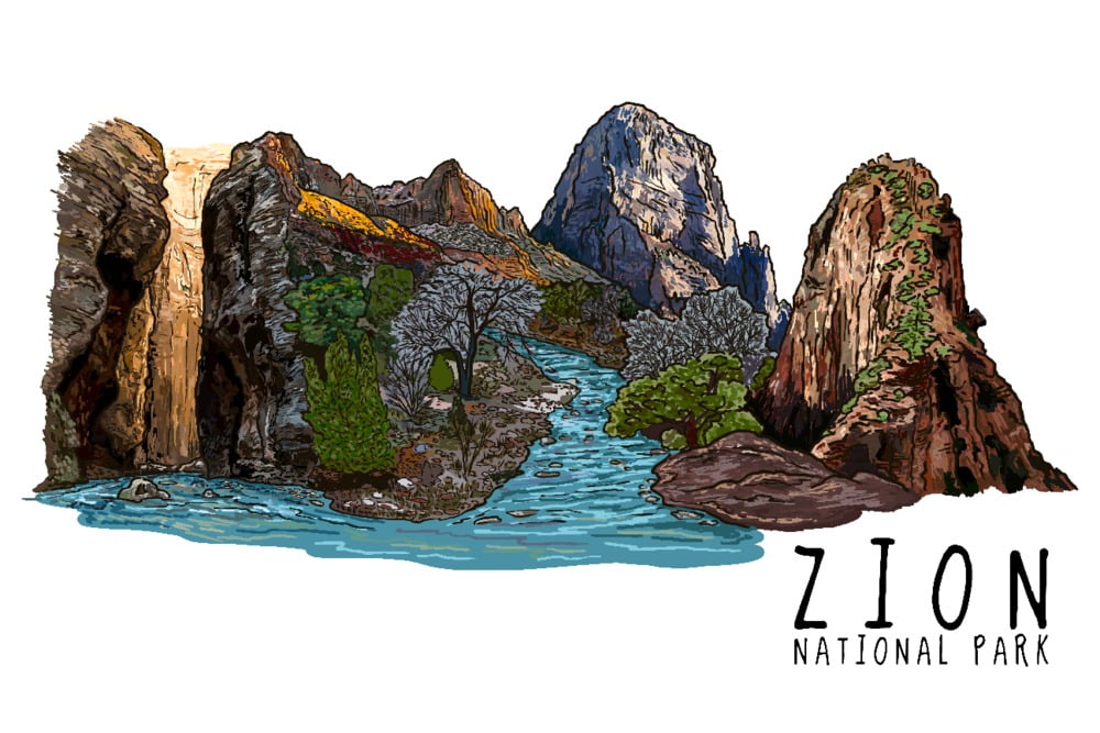 Zion National Park, Utah, Line Drawing (12x18 Wall Art Poster, Room ...