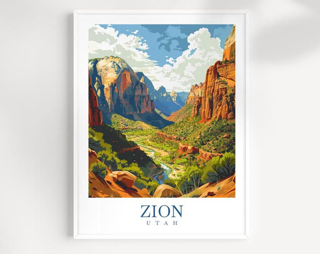 Zion Utah Travel Print Wall Art - Illustrated Canyon & Rock Formation ...