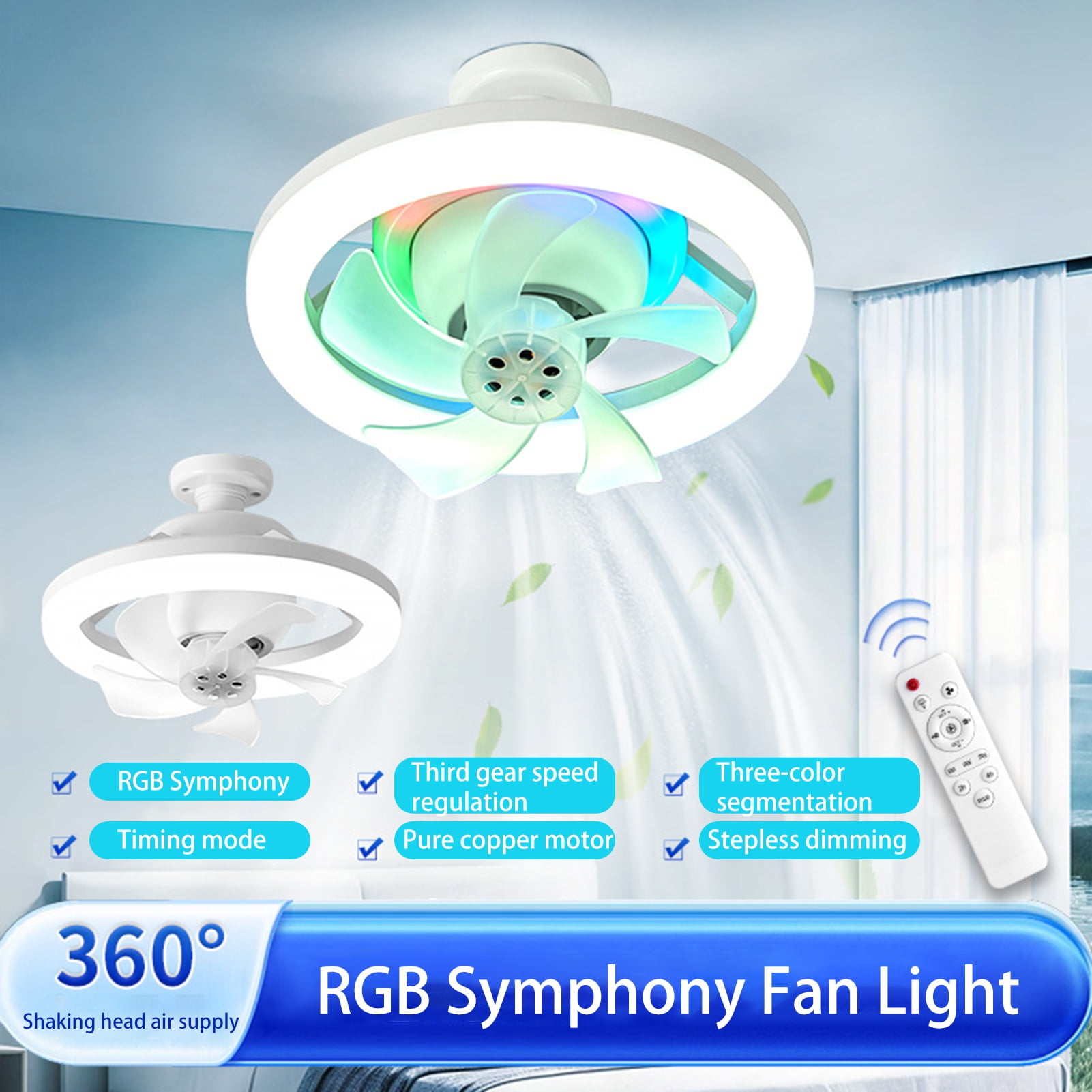Zioy Ceiling Fan with RGB Light Remote Control Timer Auto On/Off ...