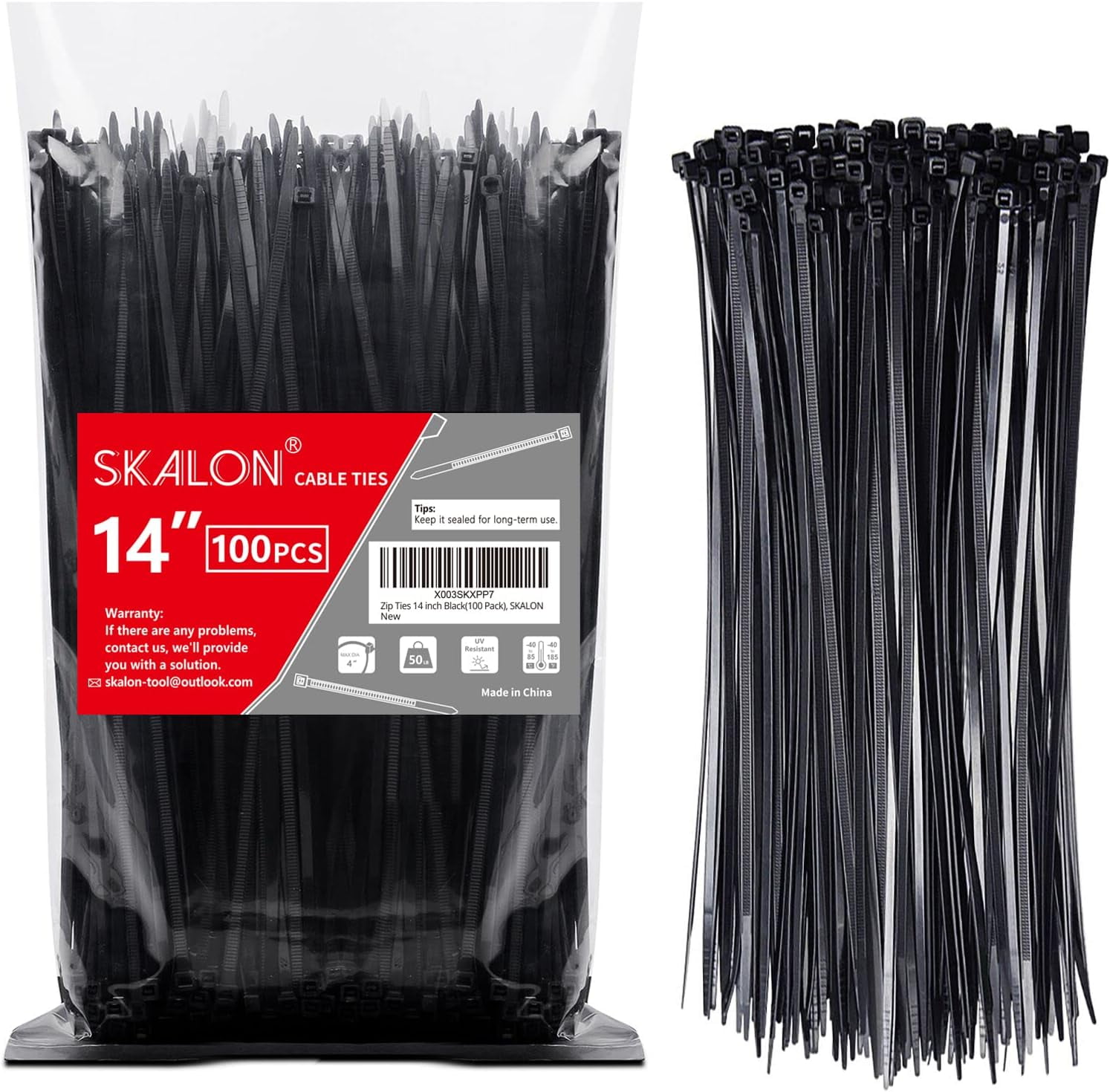 Zip Ties 14 inch (100 Pack), Black, 50lb Tensile Strength, UV Resistant ...
