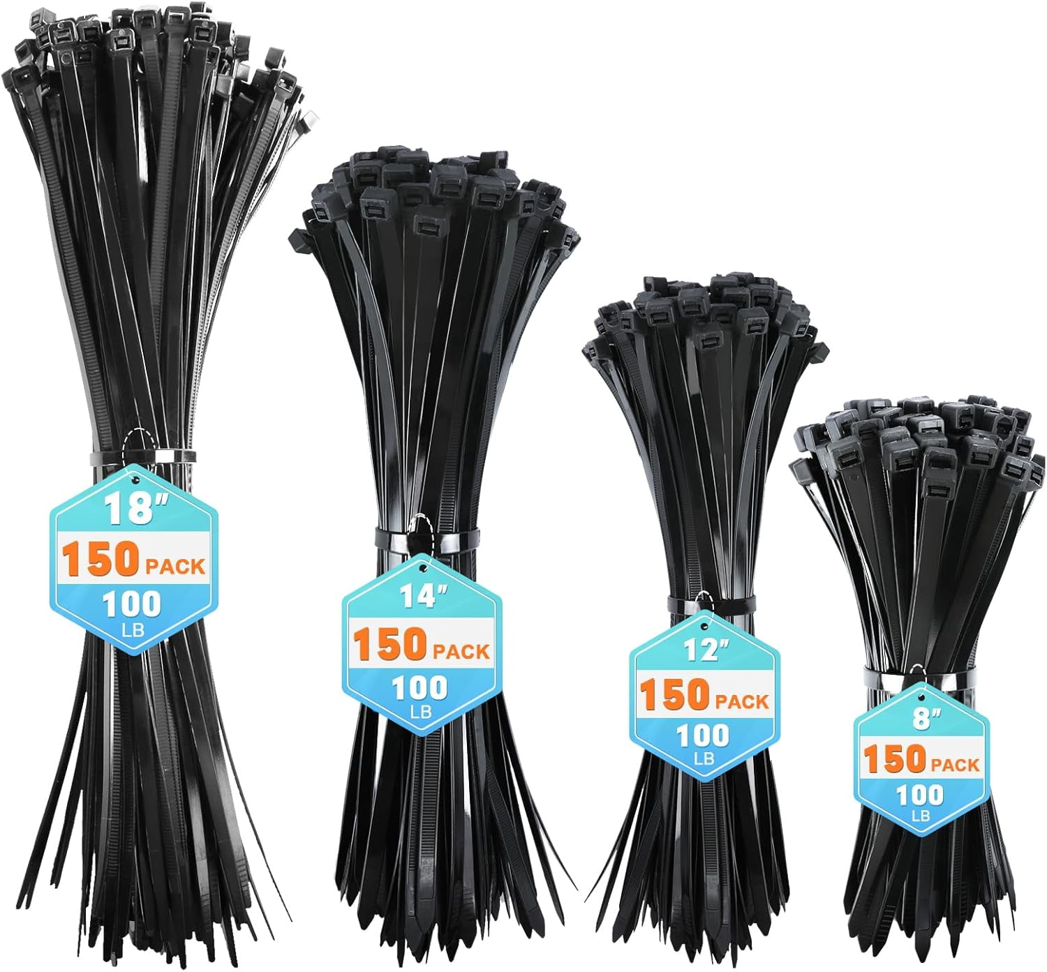 Zip Ties Assorted Sizes, 600 Pack (8+12+14+18Inch) Black Cable Ties ...
