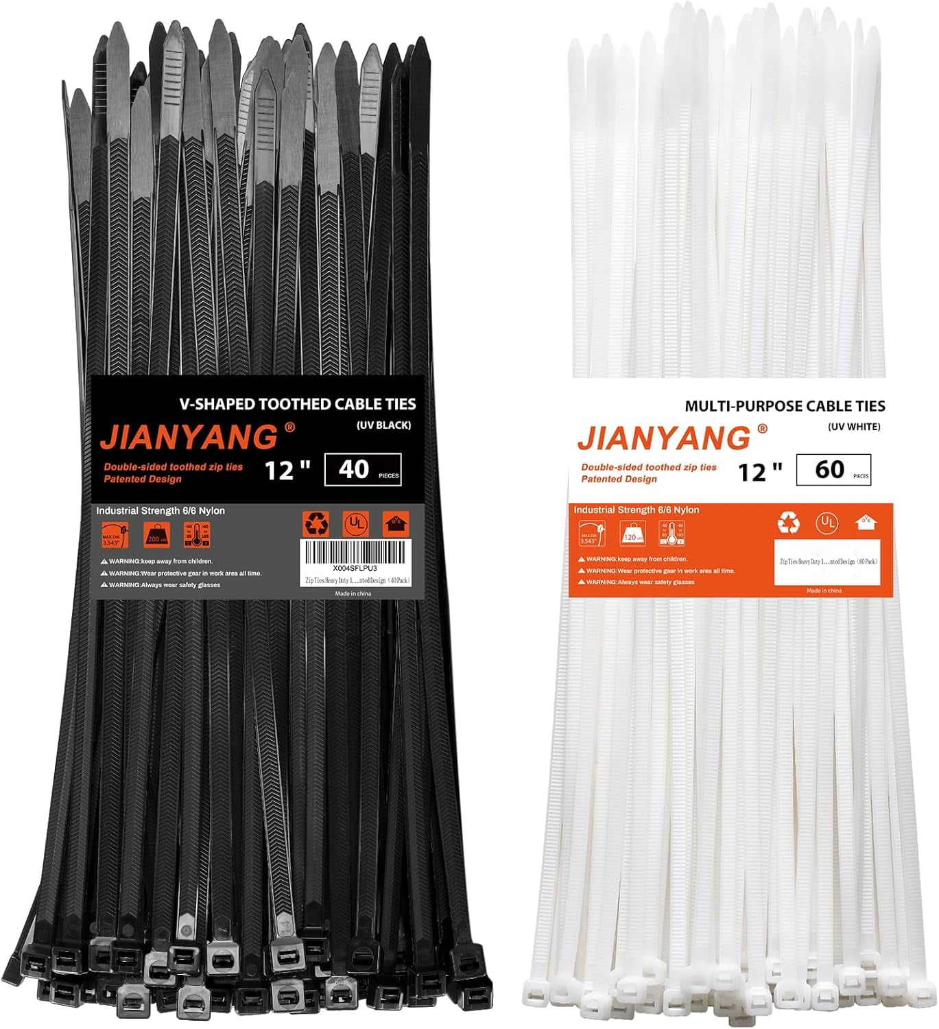 Zip Ties Heavy Duty 12+12 inch,V-Shaped Toothed Double Sided With 200 ...