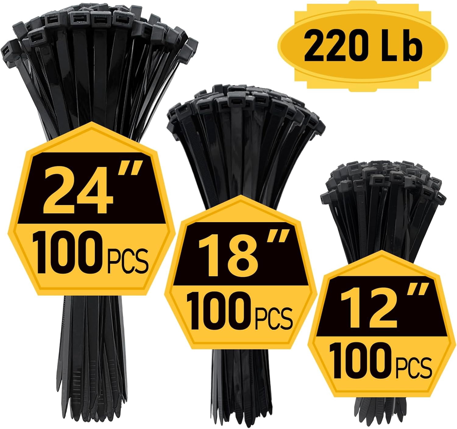 Zip Ties, Zip Ties Heavy Duty, Assorted Sizes (12"+18"+24")-300 Pack ...