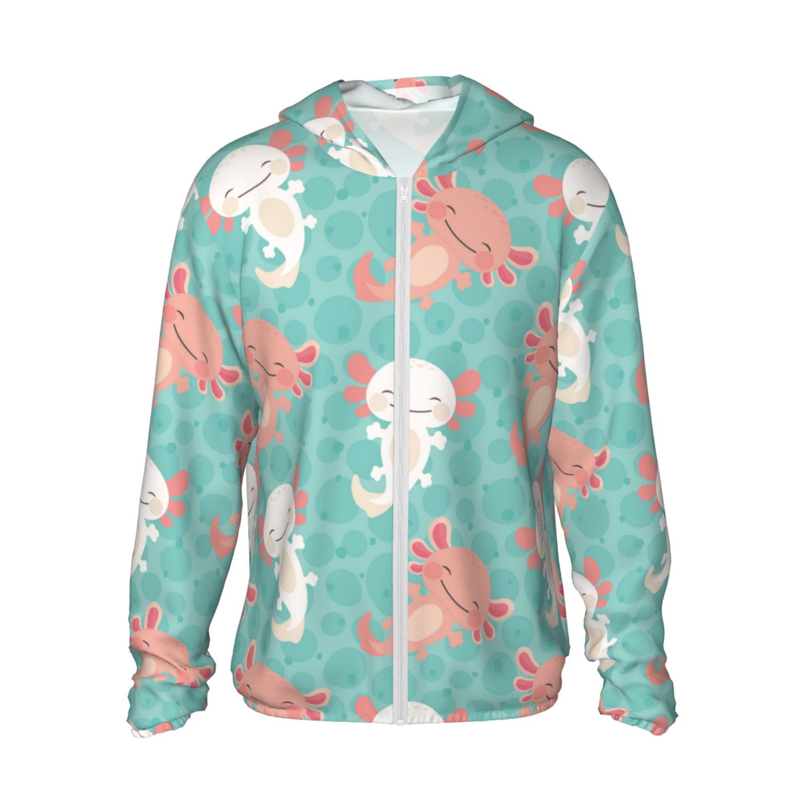 Zip Up Hoodie for Men Women - Cartoon Cute Axolotl Green Hooded Long Sleeve Sun Shirt Men Women ...