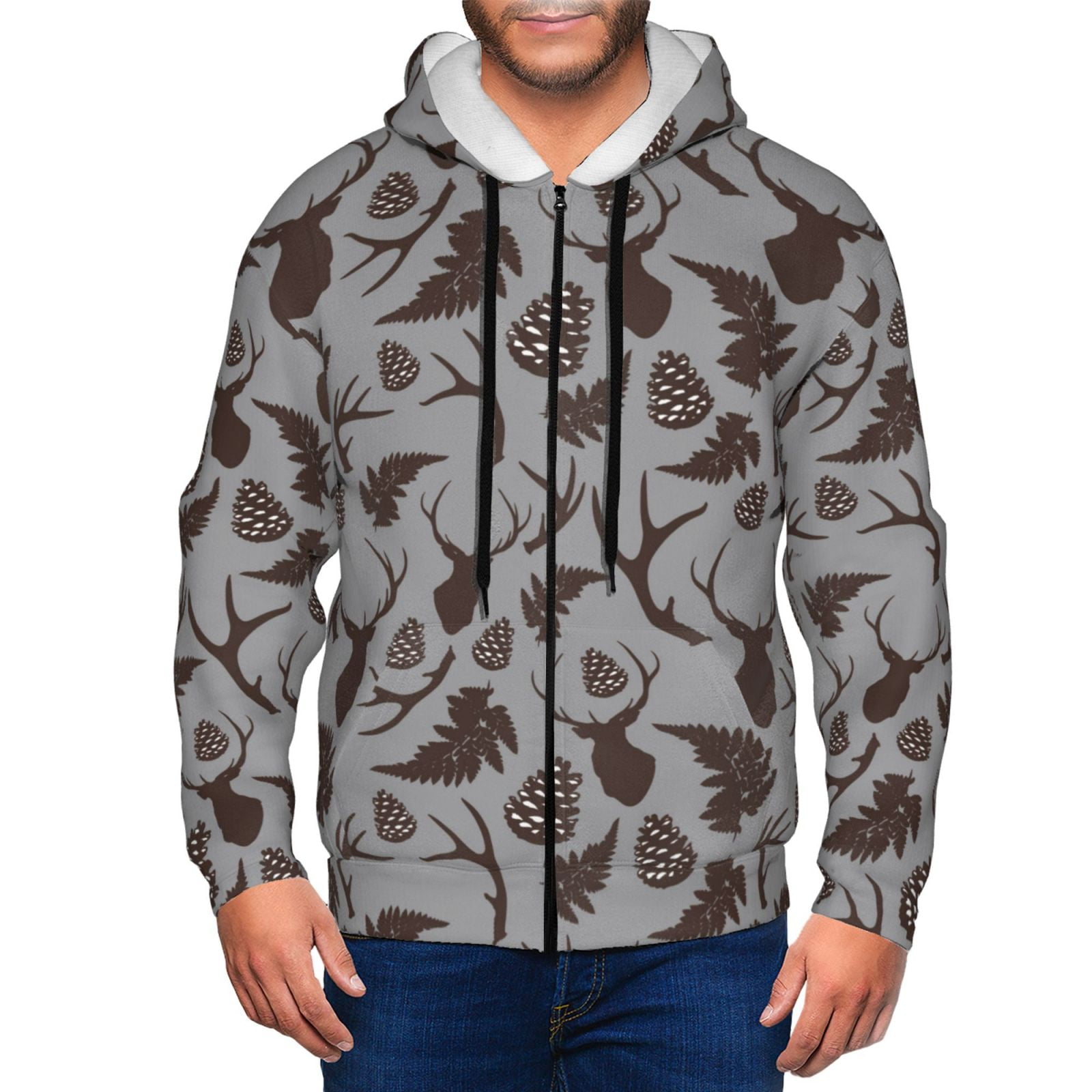 Zip Up Hoodies for Men - Brown Moose with Pinecones Long Sleeve Men'S ...