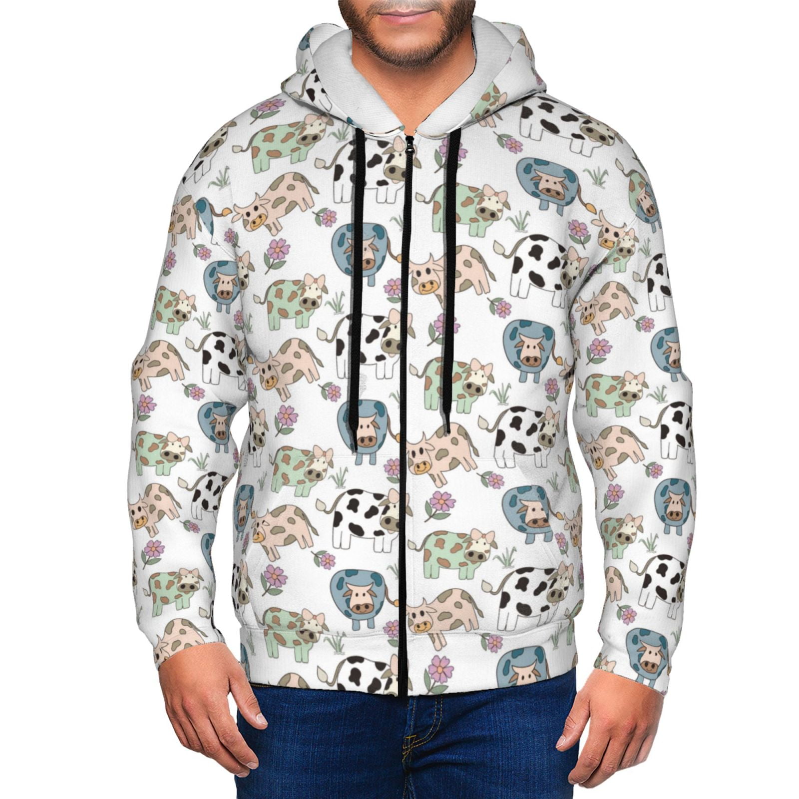 Zip Up Hoodies for Men - Cartoon Cute Cow Flower Funny Long Sleeve Men ...