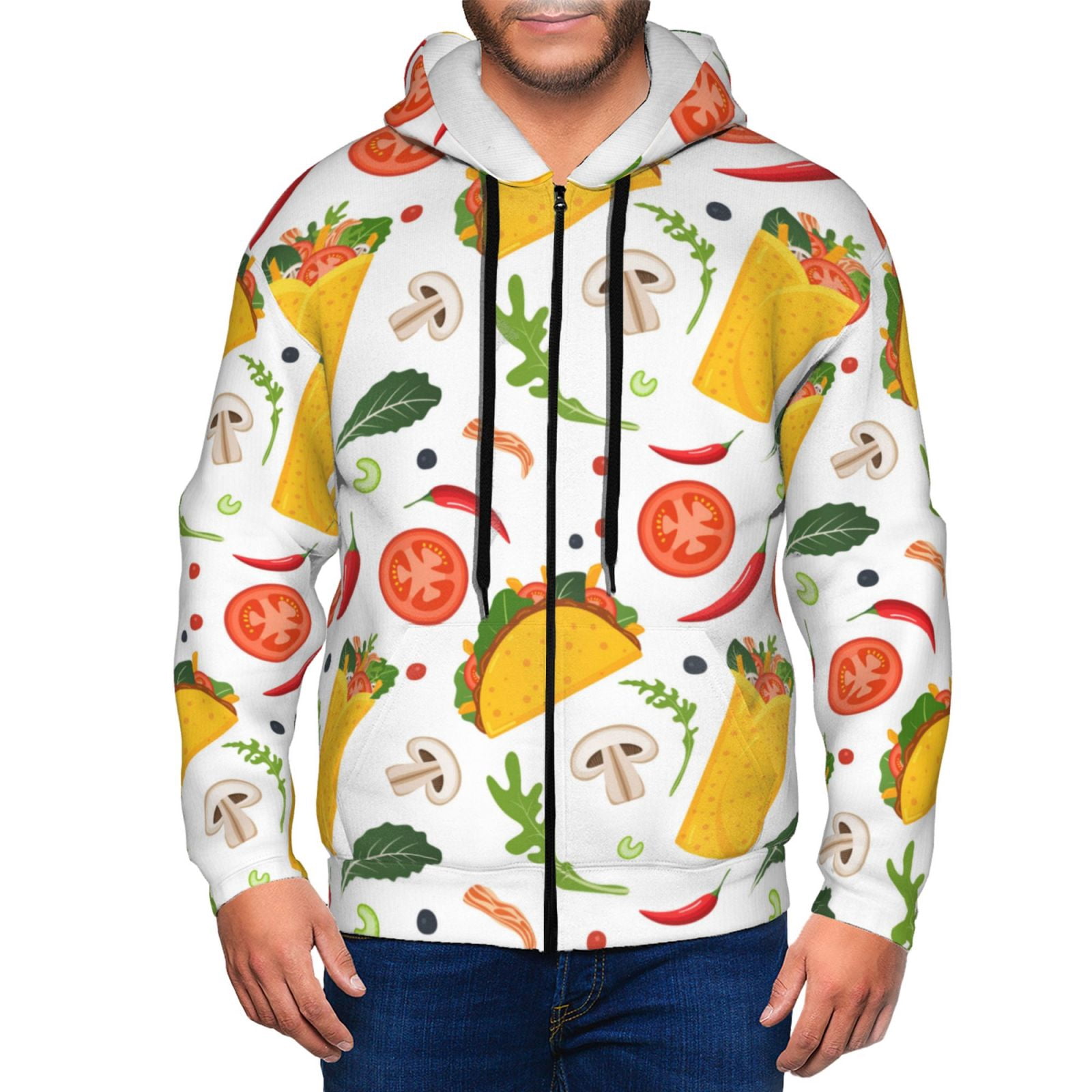 Zip Up Hoodies for Men - Chili Taco Tomato Bacon Print Long Sleeve ...