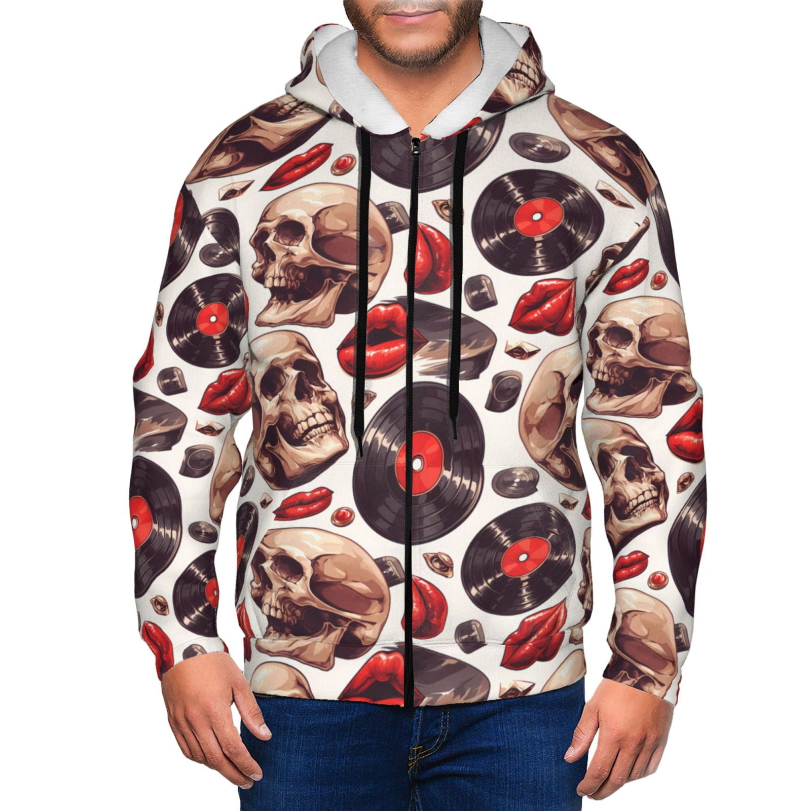 Zip Up Hoodies for Men - record lips Skull Long Sleeve Comfrt Men'S ...