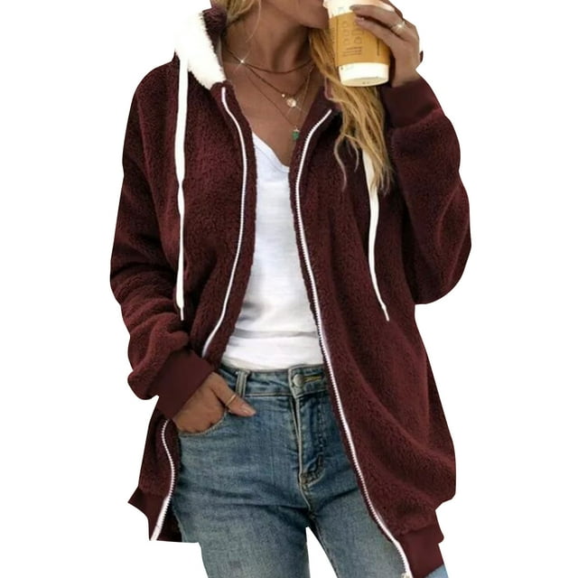 Zip Up Hoodies for Women Oversized Hooded Sherpa Shacket Jacket Fuzzy Fleece Warm Winter Coats ...