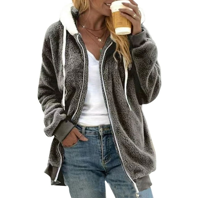 Zip Up Hoodies for Women Oversized Hooded Sherpa Shacket Jacket Fuzzy Fleece Warm Winter Coats ...