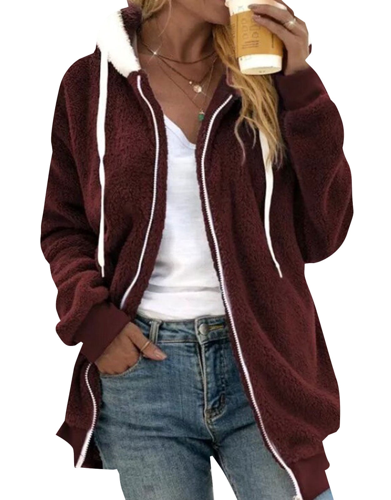 Zip Up Hoodies for Women Oversized Hooded Sherpa Shacket Jacket Fuzzy Fleece Warm Winter Coats ...