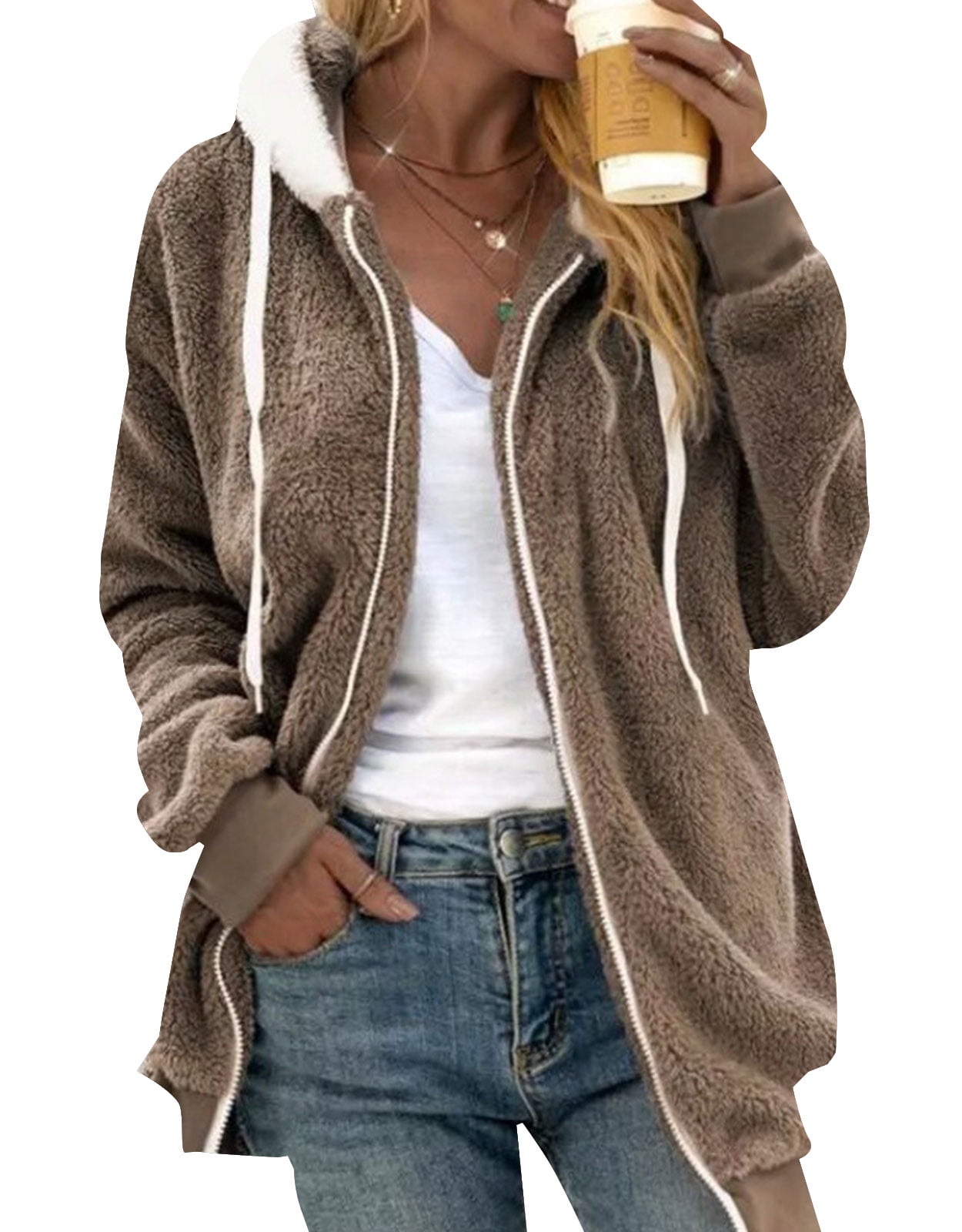 Zip Up Hoodies for Women Oversized Hooded Sherpa Shacket Jacket Fuzzy ...