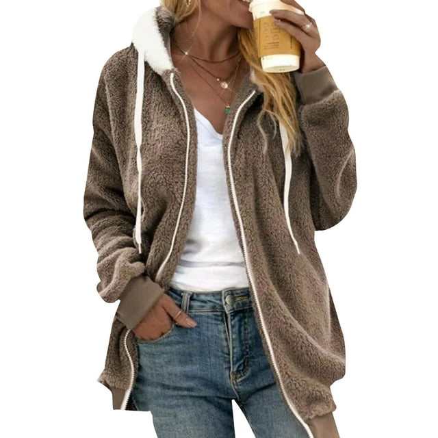Zip Up Hoodies for Women Oversized Hooded Sherpa Shacket Jacket Fuzzy ...