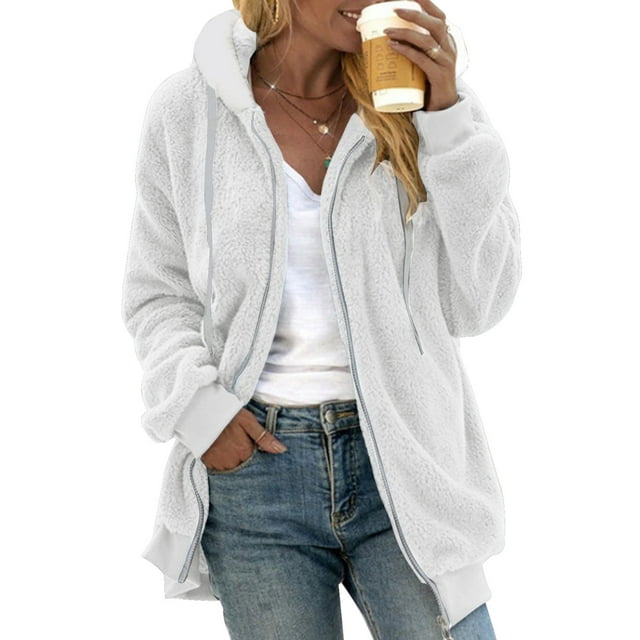 Zip Up Hoodies for Women Oversized Hooded Sherpa Shacket Jacket Fuzzy Fleece Warm Winter Coats ...