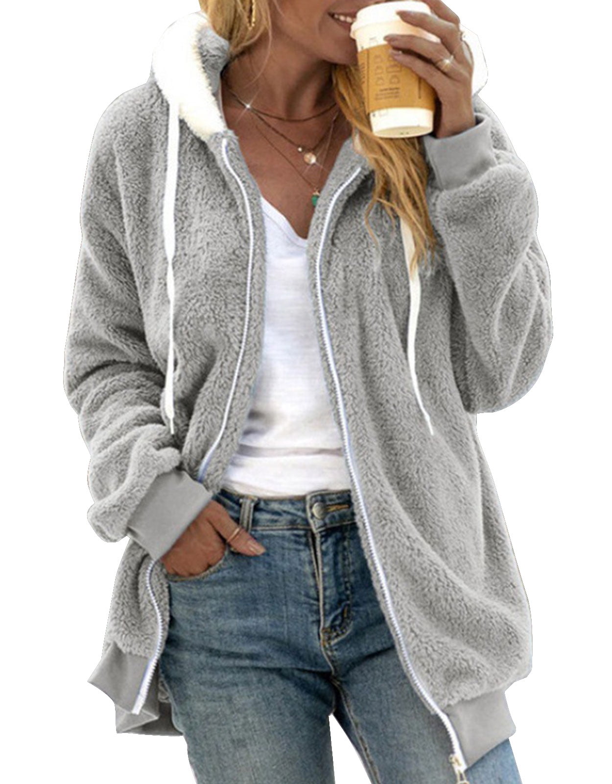Zip Up Hoodies for Women Oversized Hooded Sherpa Shacket Jacket Fuzzy Fleece Warm Winter Coats ...