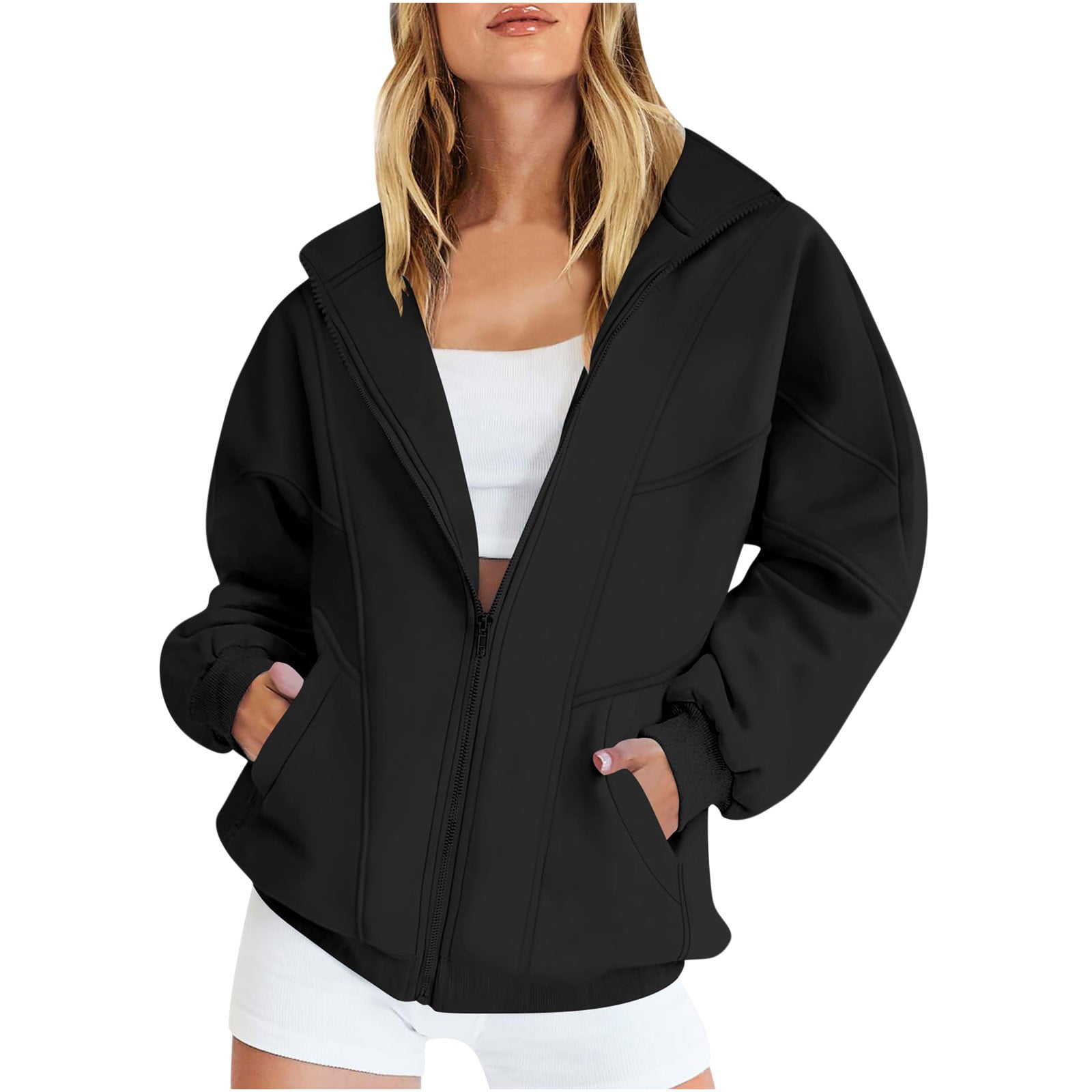 Zip Up Jacket No Hood Womens Trendy Long Sleeve Fleece Lined Cotton ...