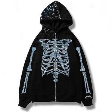 CNSTORE Y2K Hoodie Full Zip Up Hoodie Over Face Women Men Skeleton Skull Print Hooded Aesthetic ...