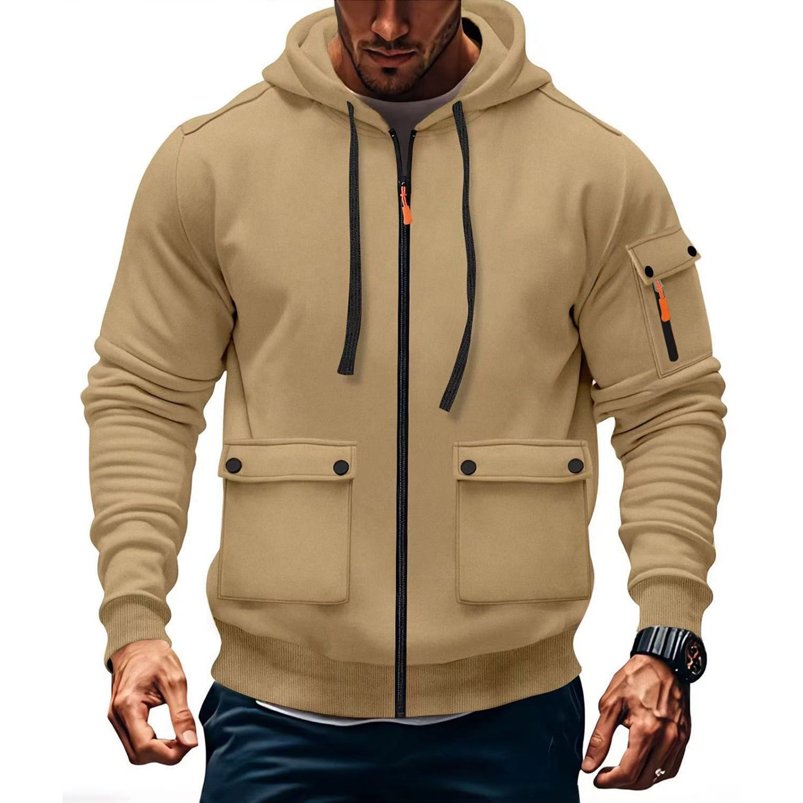 Zip up Hoodies for Men Athletic Hoodie Cargo Jacket Drawstring Hooded ...